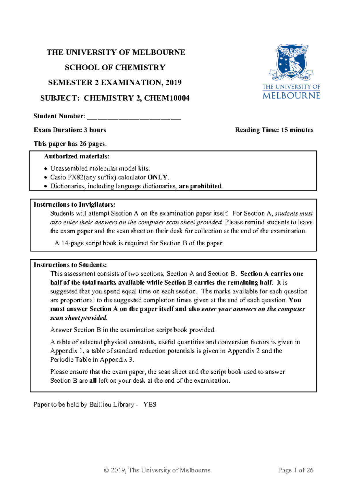 2019 S2 - Exam paper in 2019 Semester 2 - THE UNIVERSITY OF MELBOURNE ...