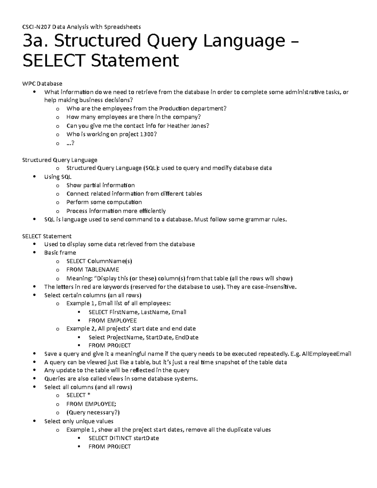 Unit 2 Review - 3a. Structured Query Language – SELECT Statement WPC ...