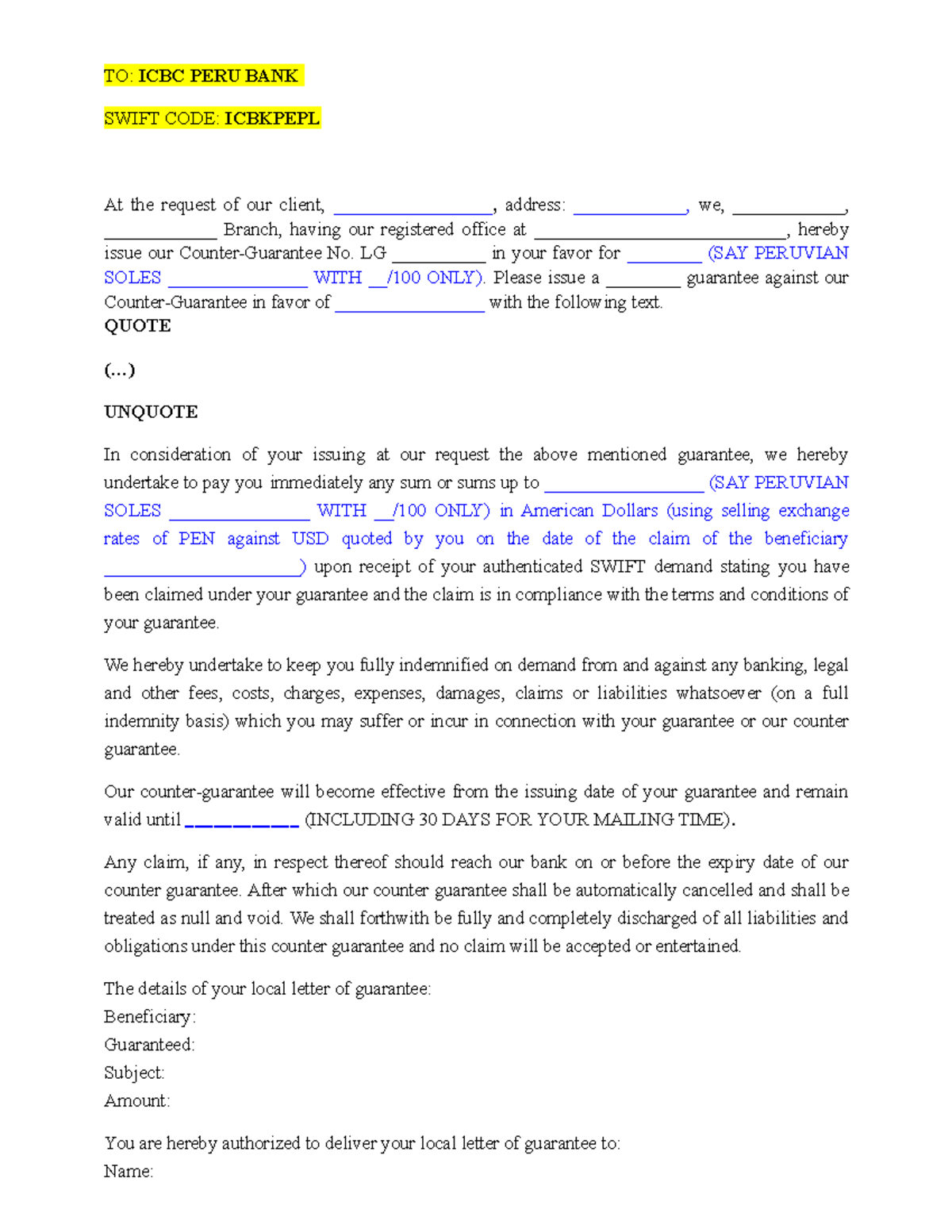 SBLC Draft 2019 - TO: ICBC PERU BANK SWIFT CODE: ICBKPEPL At the ...