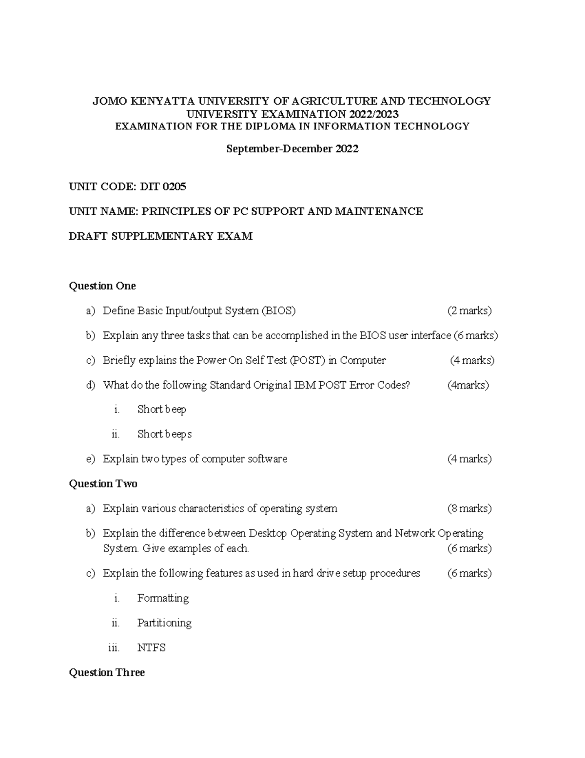 DIT 0205 Principles OF PC Support AND Maintenance SUPP - JOMO KENYATTA ...