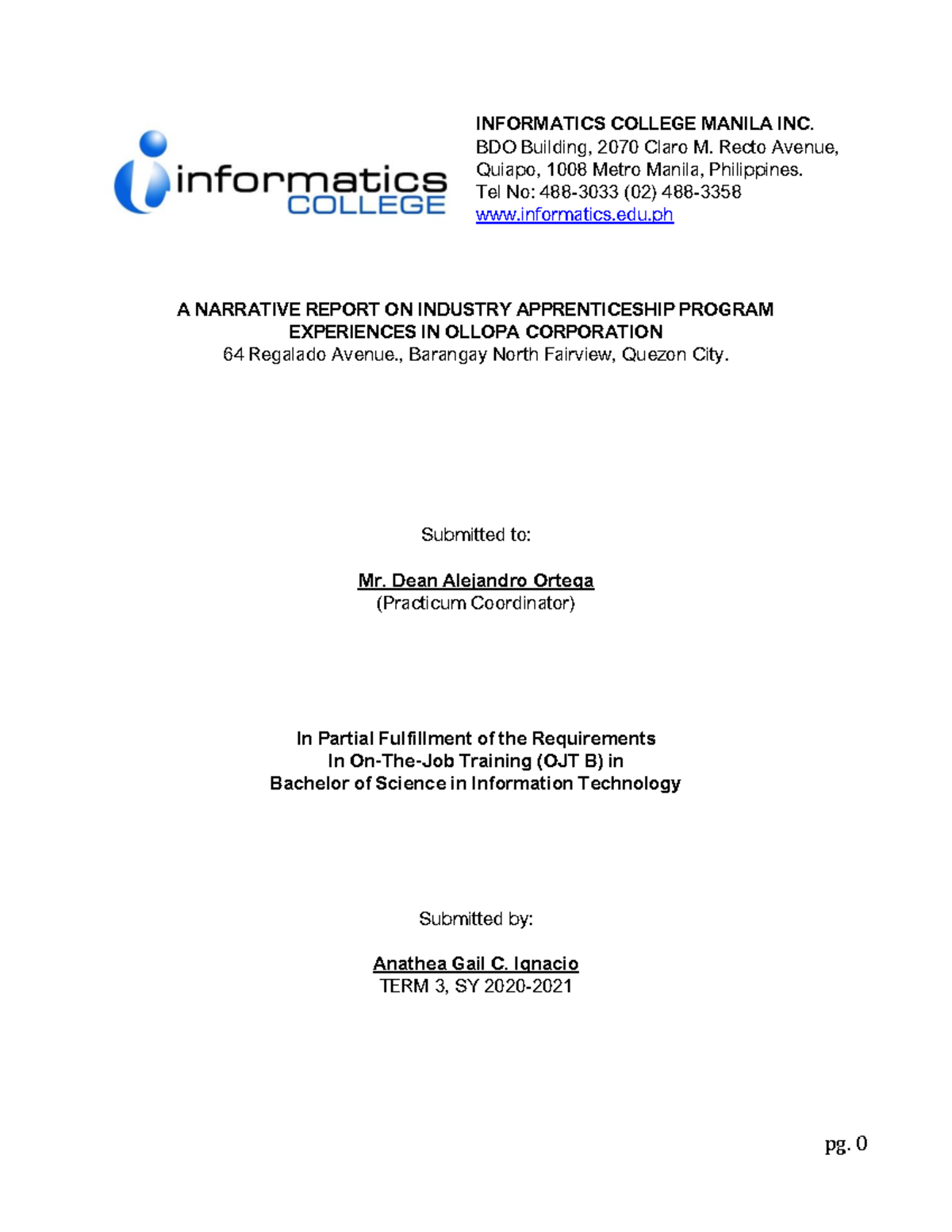 Narrative Report Format - INFORMATICS COLLEGE MANILA INC. BDO Building ...