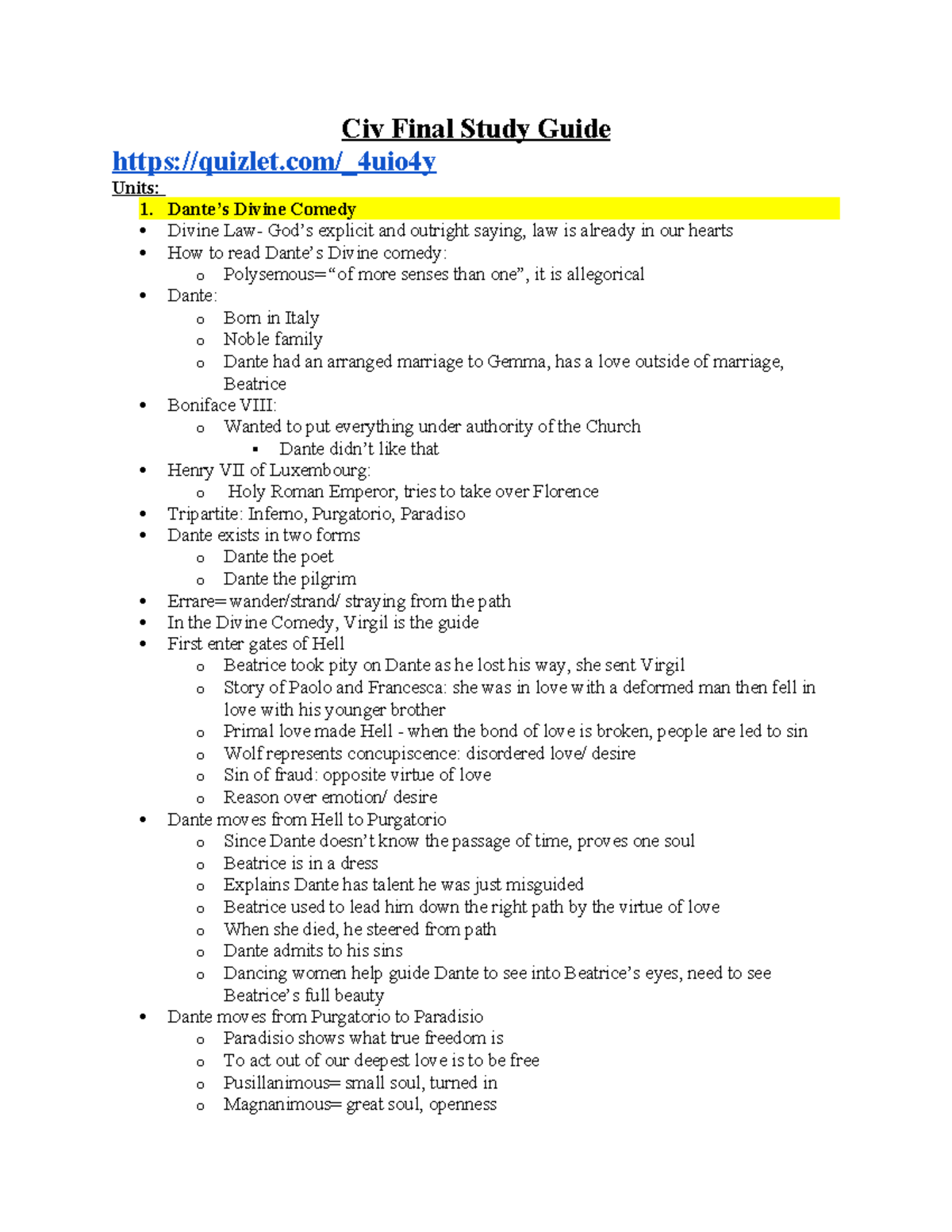 DWC 102 Final Study Guide - Civ Final Study Guide quizlet/_4uio4y Units: 1. Dante’s Divine ...