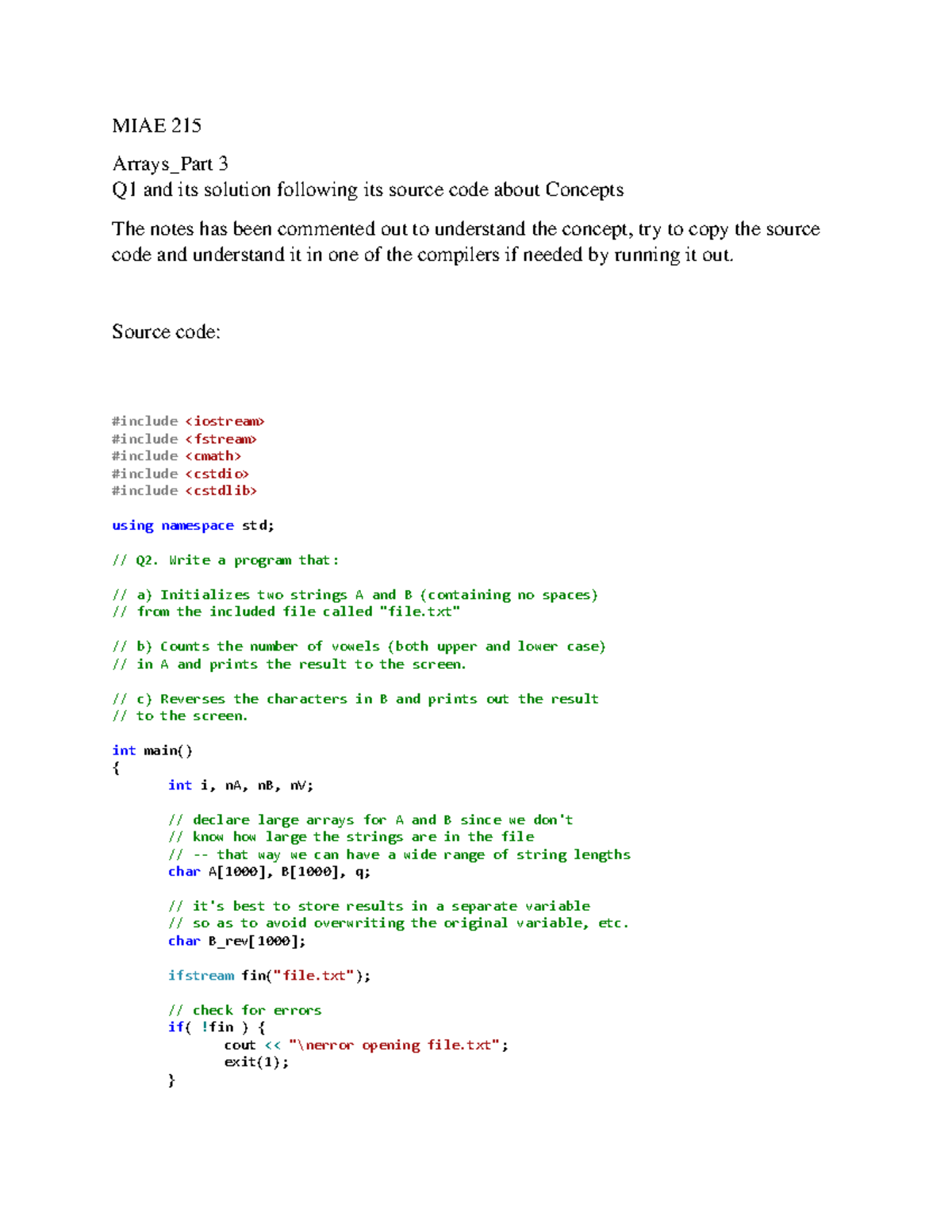 Part3 Q1_with solution - MIAE 215 Arrays_Part 3 Q1 and its solution following its source code ...