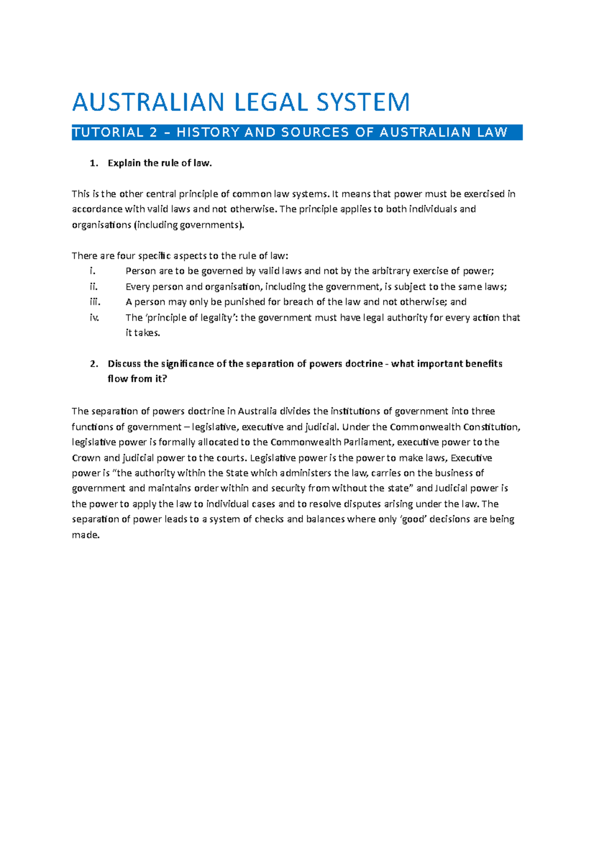 ALS - Tutorial 2 Tutorial Questions - AUSTRALIAN LEGAL SYSTEM TUTORIAL ...