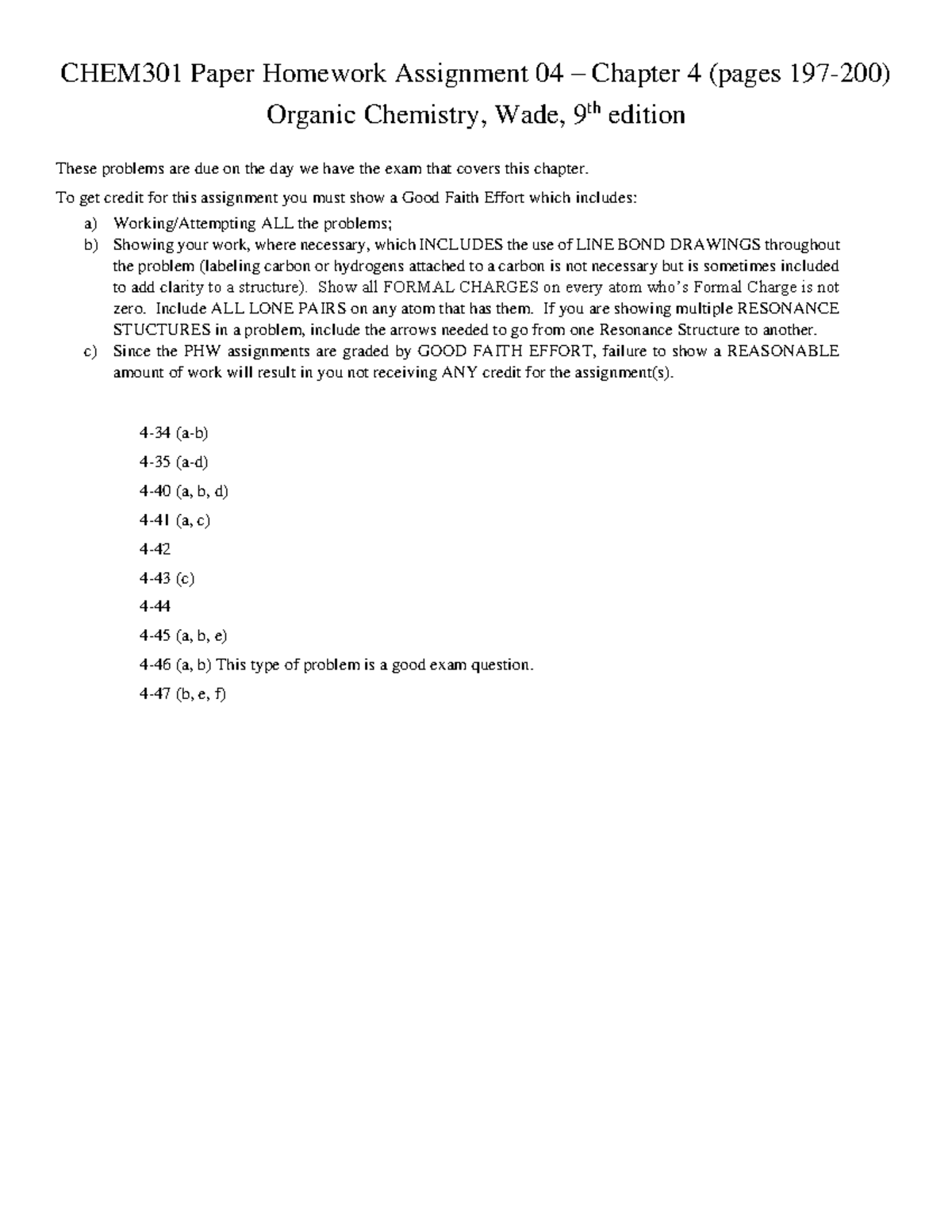 VCU CHEM301 Paper Homework Assignment 04 - Chapter 04 - Wade 9th ed - CHEM301 Paper Homework ...
