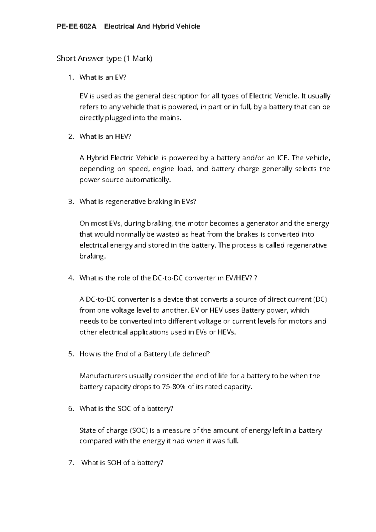 Electrical And Hybrid Vehicle Semester Questions - Short Answer type (1 ...