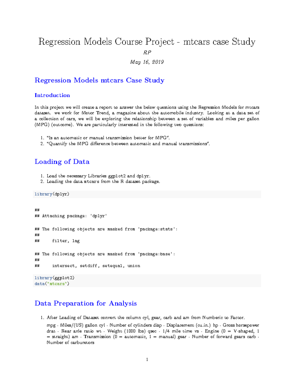 Course 7 Assignment - Regression Models Course Project - mtcars case Study RP May 16, 2019 - Studocu