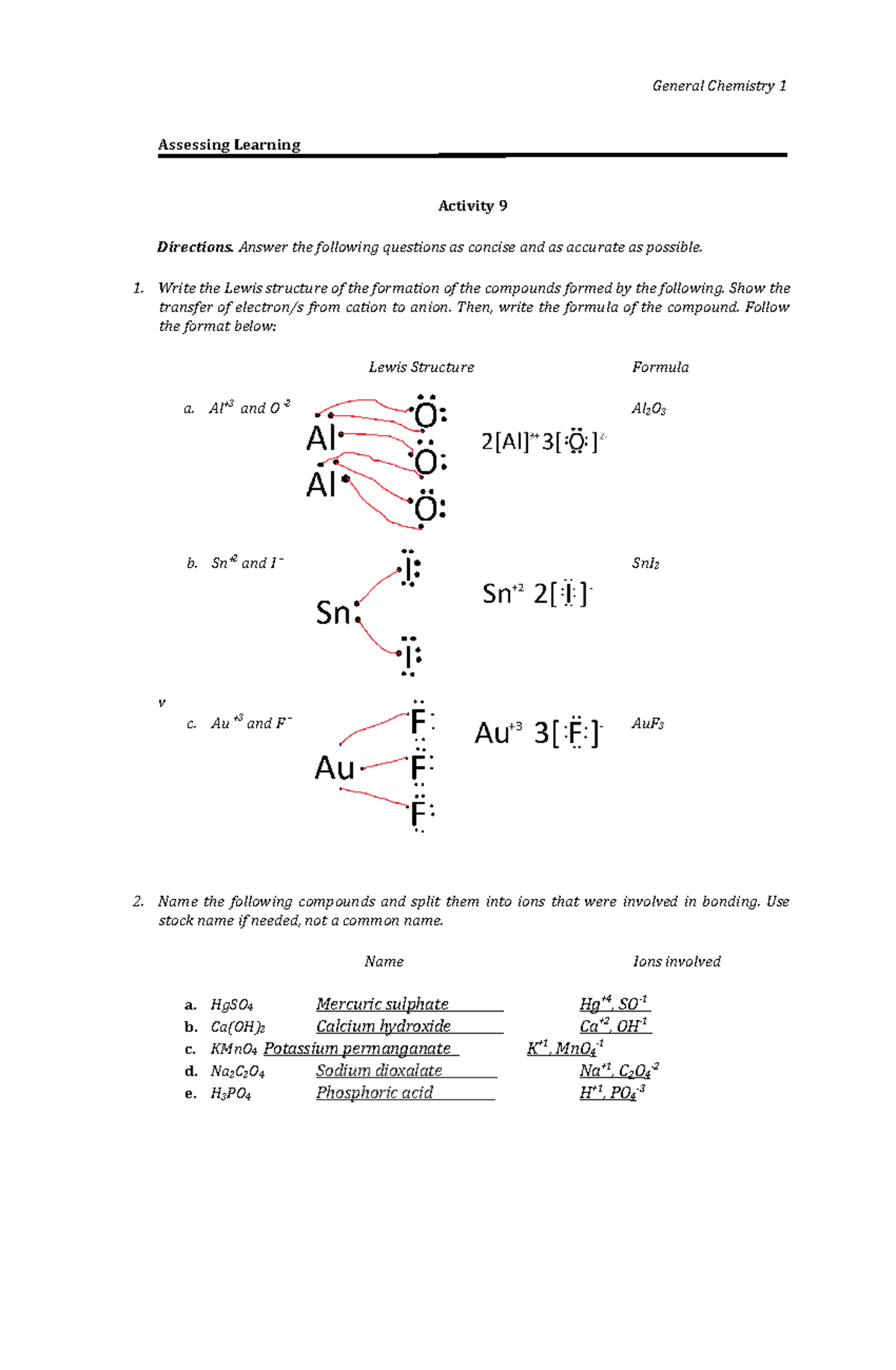 Lewis Structure Unitviiiassessing Learning - General Chemistry 1 ...