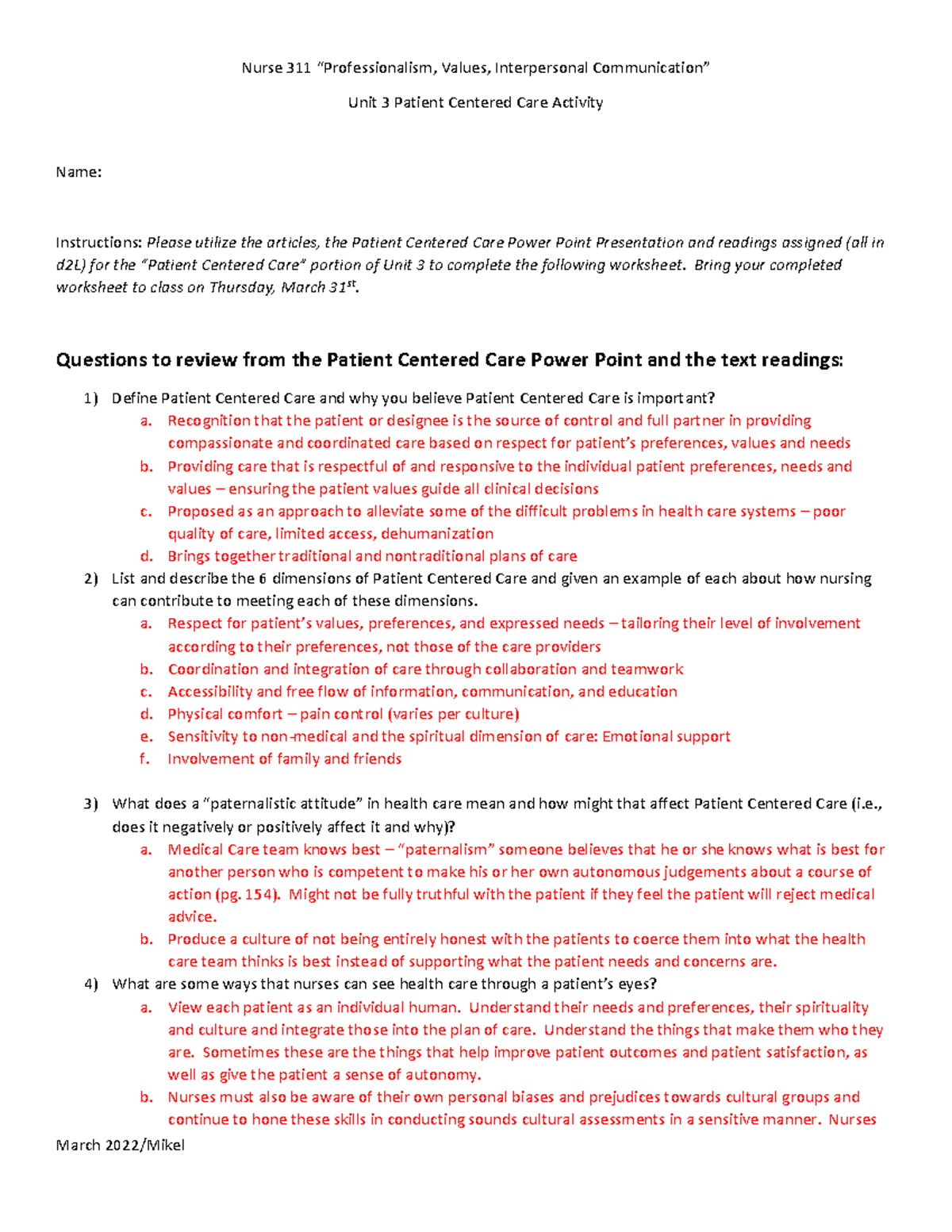 Unit 3 Patient Centered Care Worksheet - key for students - Nurse 311 ...