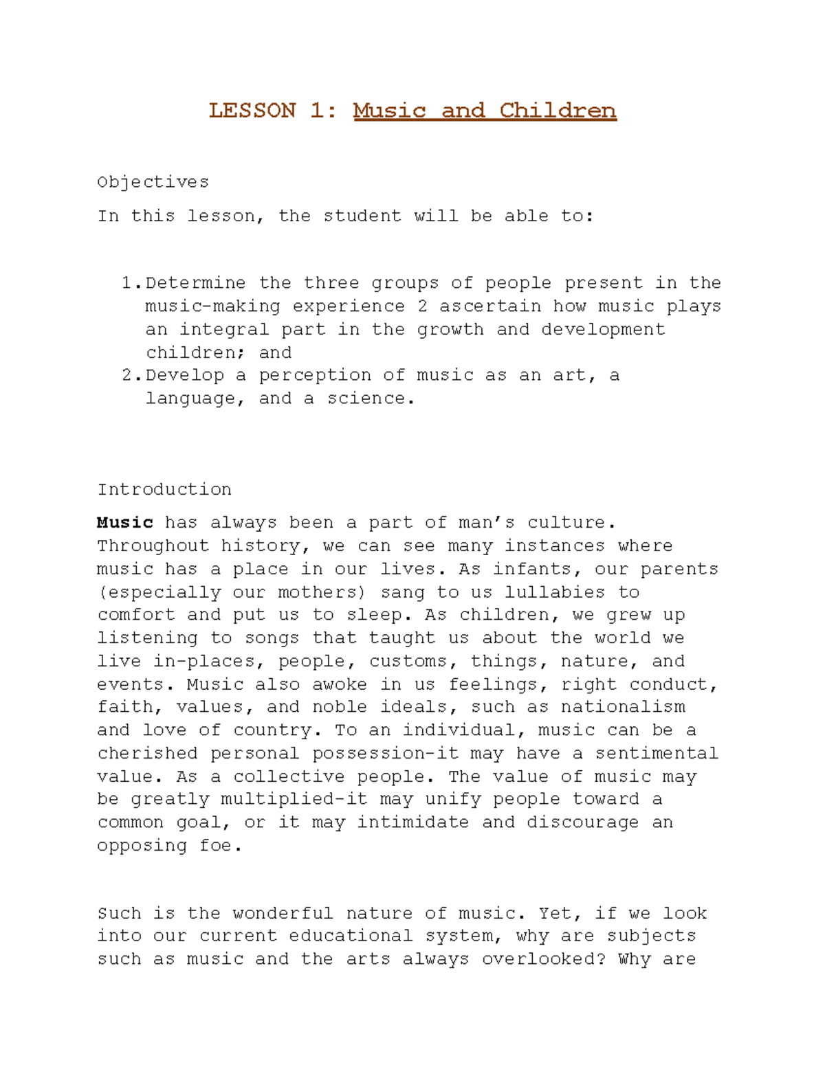Lesson 1 Music and Children - LESSON 1: Music and Children Objectives ...