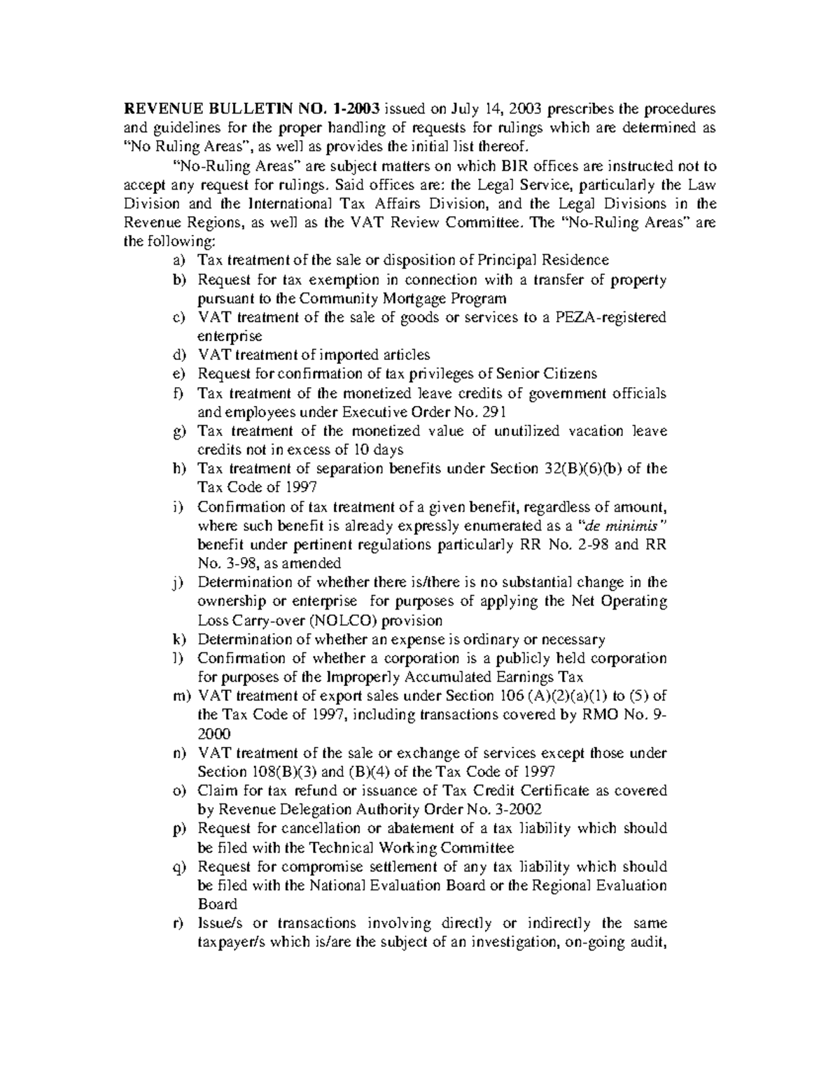 2471RB 1-20 03 - Lecture notes 1 - REVENUE BULLETIN NO. 1-2003 issued ...