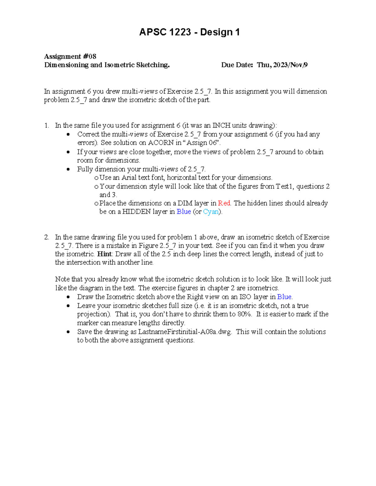 A08-Dim Iso1 - APSC 1223 - Design 1 Assignment # 08 Dimensioning and ...