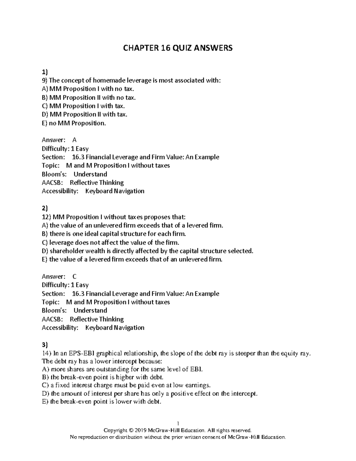 Chapter 16 Quiz Answers - 1 Copyright © 2019 McGraw-Hill Education. All rights reserved. CHAPTER ...
