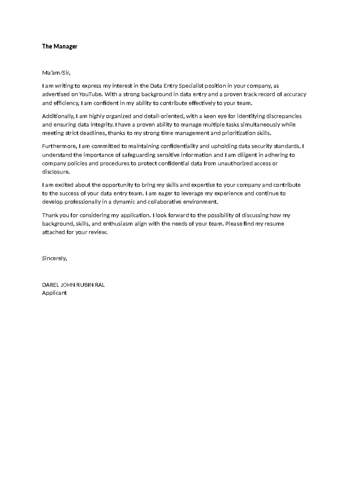 Cover letter - Essential materials - The Manager Ma’am/Sir, I am ...