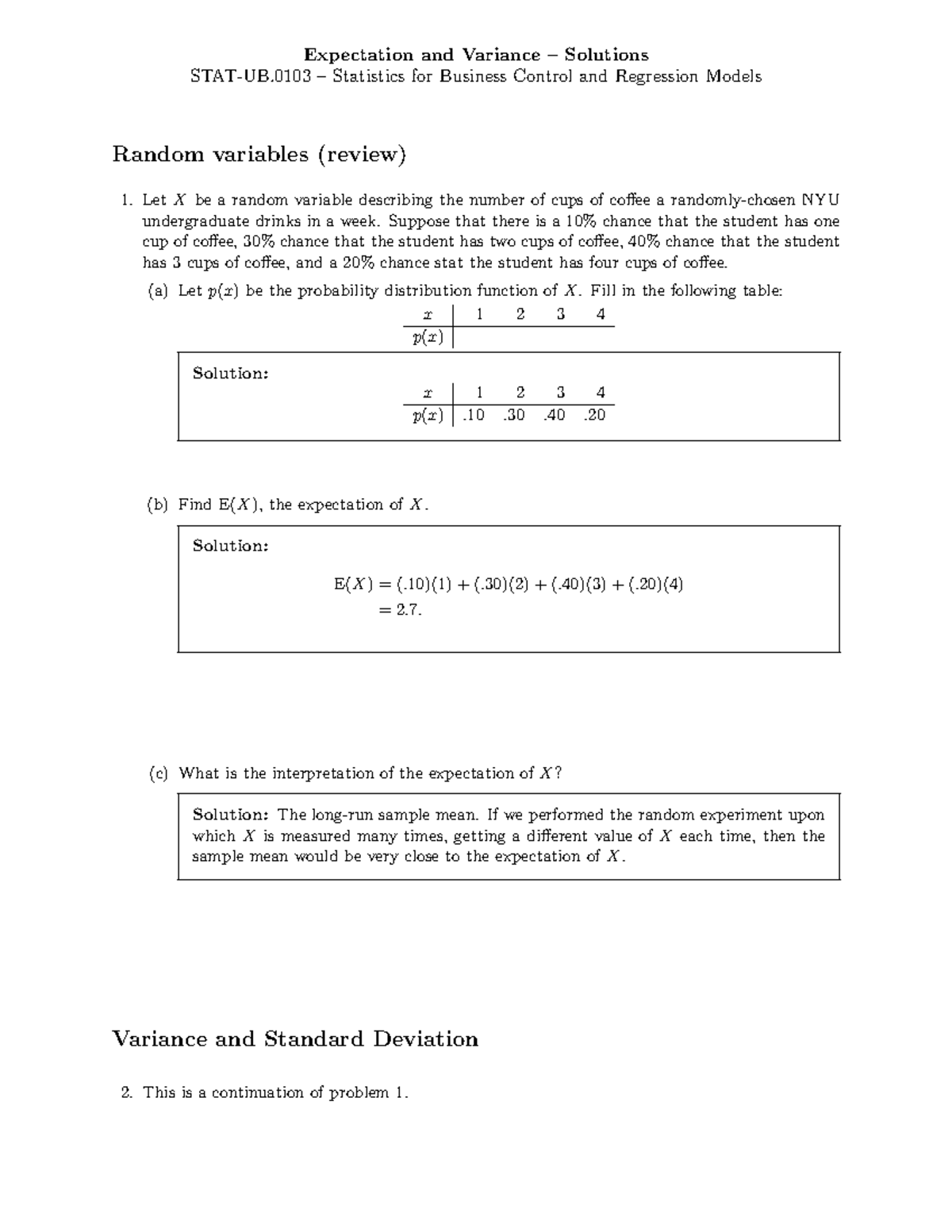 Statistics 2 - good - Expectation and Variance – Solutions STAT-UB ...