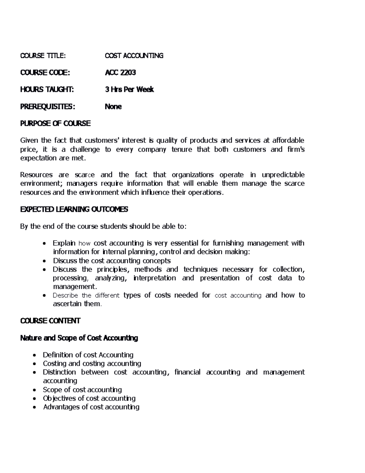 COST Accounting Outline - COURSE TITLE: COST ACCOUNTING COURSE CODE ...