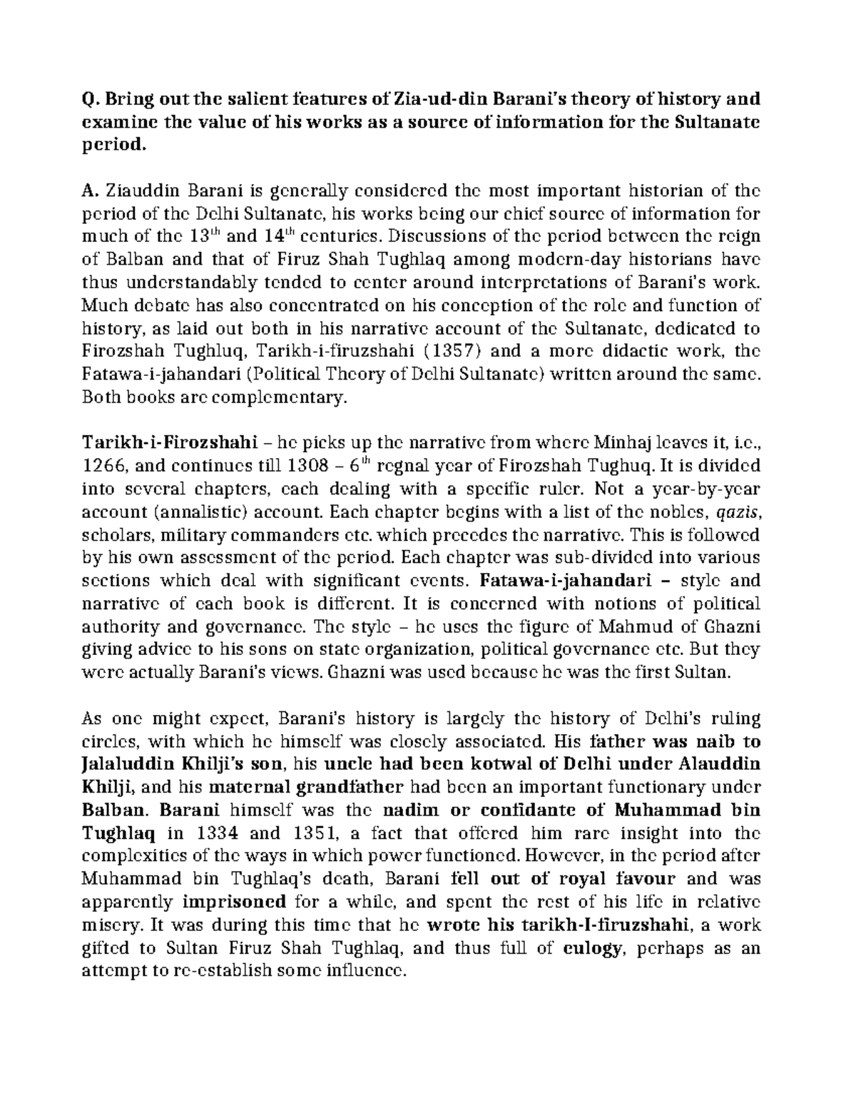 Zia ud Din Barani's theory of History - Q. Bring out the salient ...