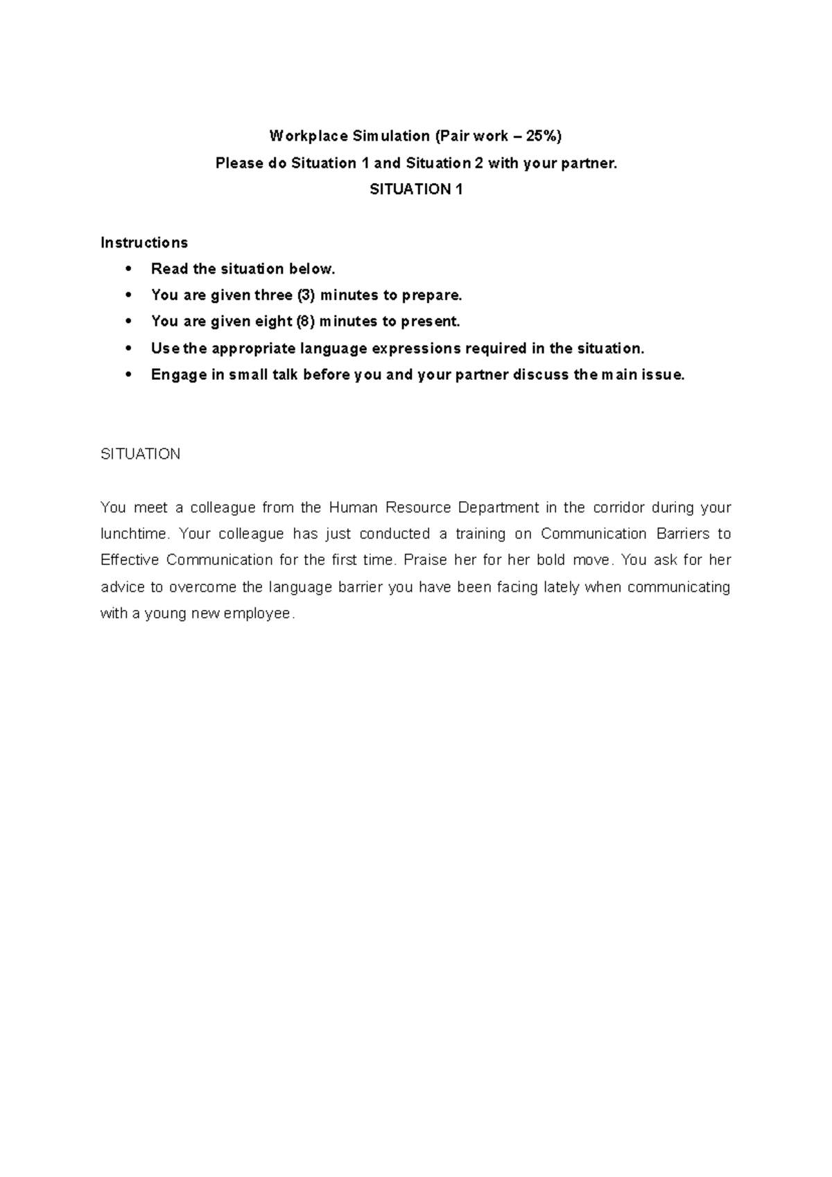 ELC650 Workplace Simulation Tasks - Workplace Simulation (Pair work ...