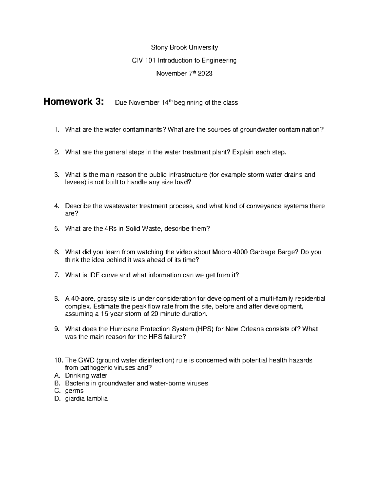 Homework 3 - Stony Brook University CIV 101 Introduction to Engineering November 7th 2023 ...