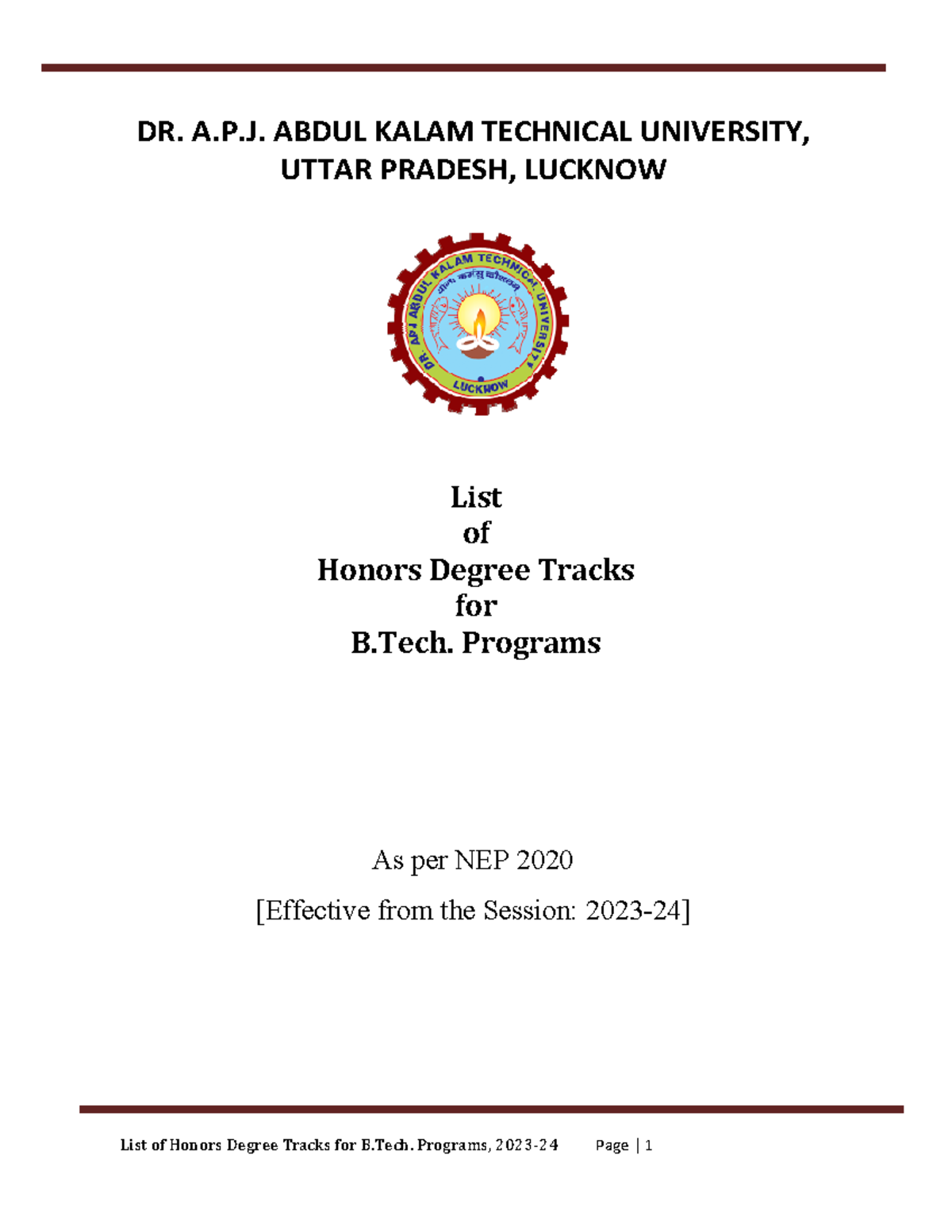 List of Honors Degree Tracks for B.Tech. and Eligible Branches of Study ...