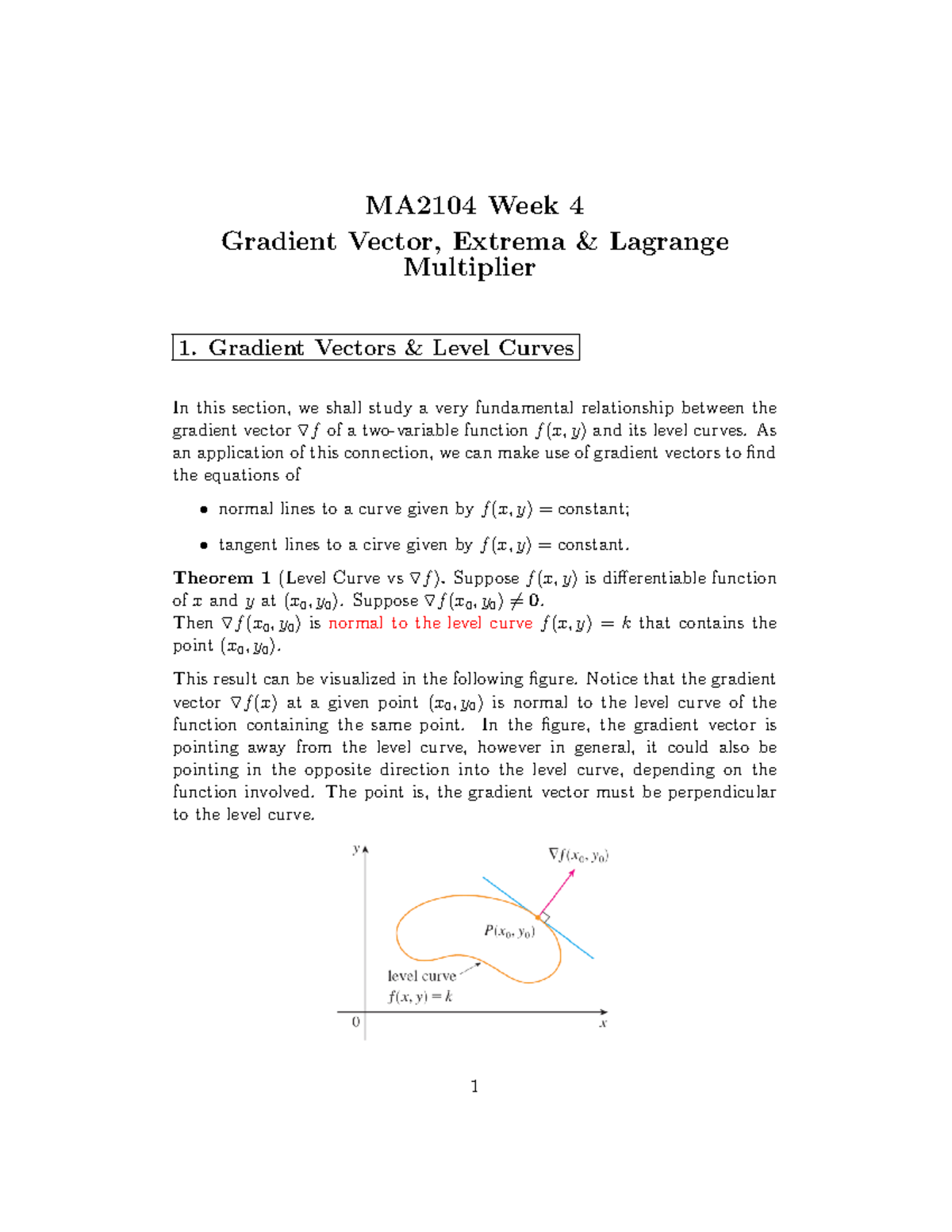 Week 04 notes 2022 - MA2104 Week 4 Gradient Vector, Extrema & Lagrange ...