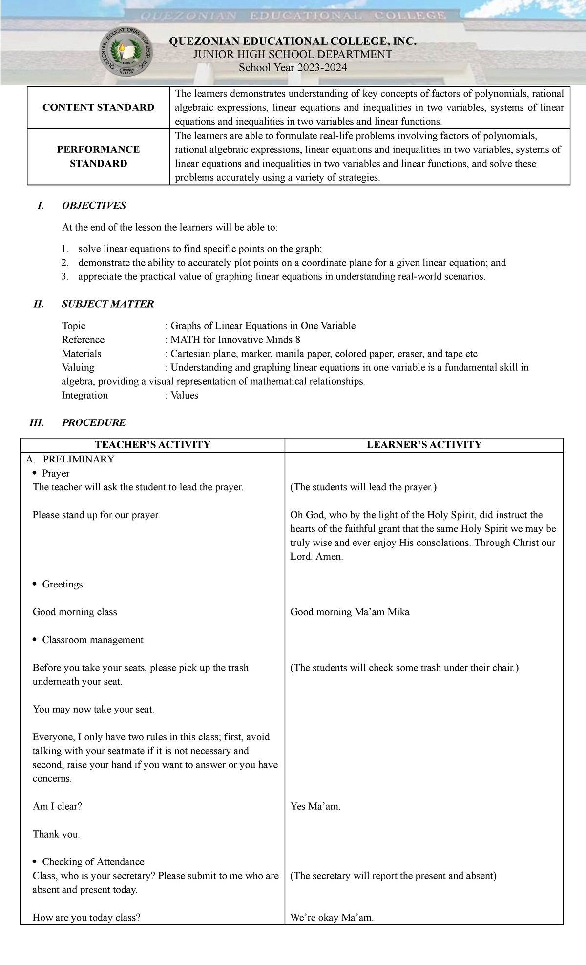 (2) Graphs of Linear Equations in One Variables - JUNIOR HIGH SCHOOL ...
