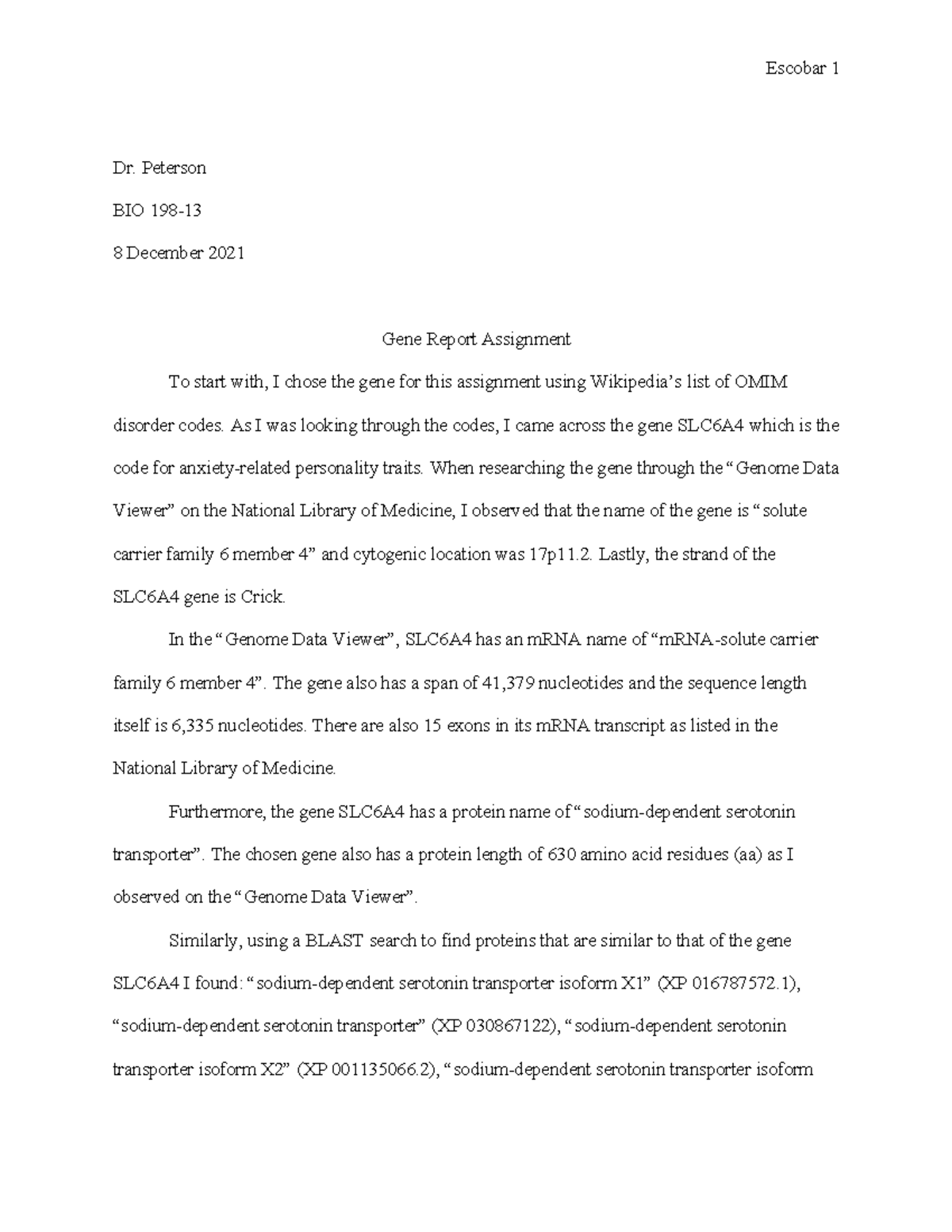 Gene Report Assignment - Escobar 1 Dr. Peterson BIO 198- 8 December ...