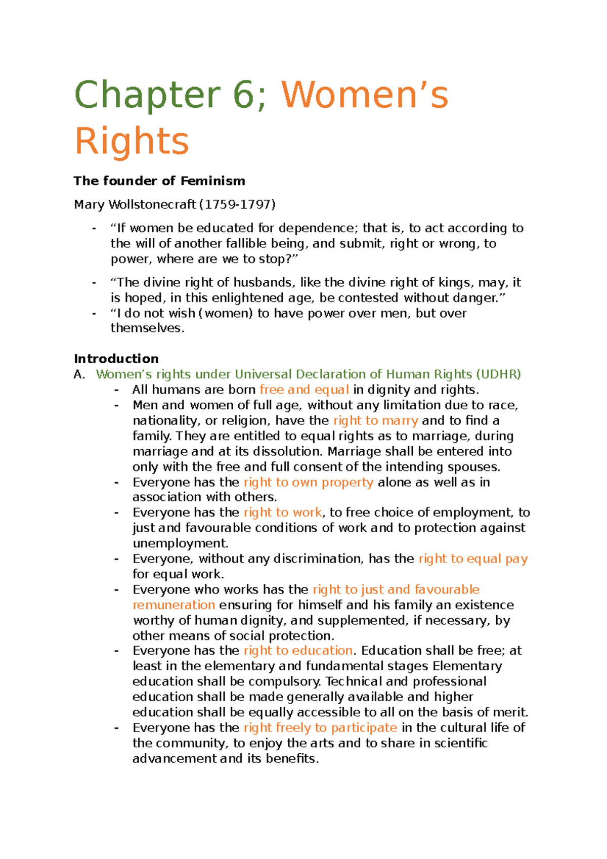 HR Chapter 6 Women's Right - Chapter 6; Women’s Rights The founder of ...