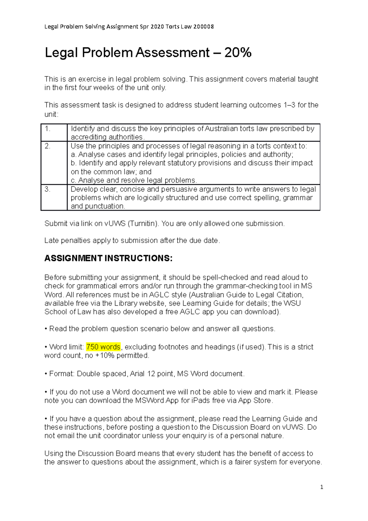 First Problem Assignment final(1) - Legal Problem Assessment – 20% This ...
