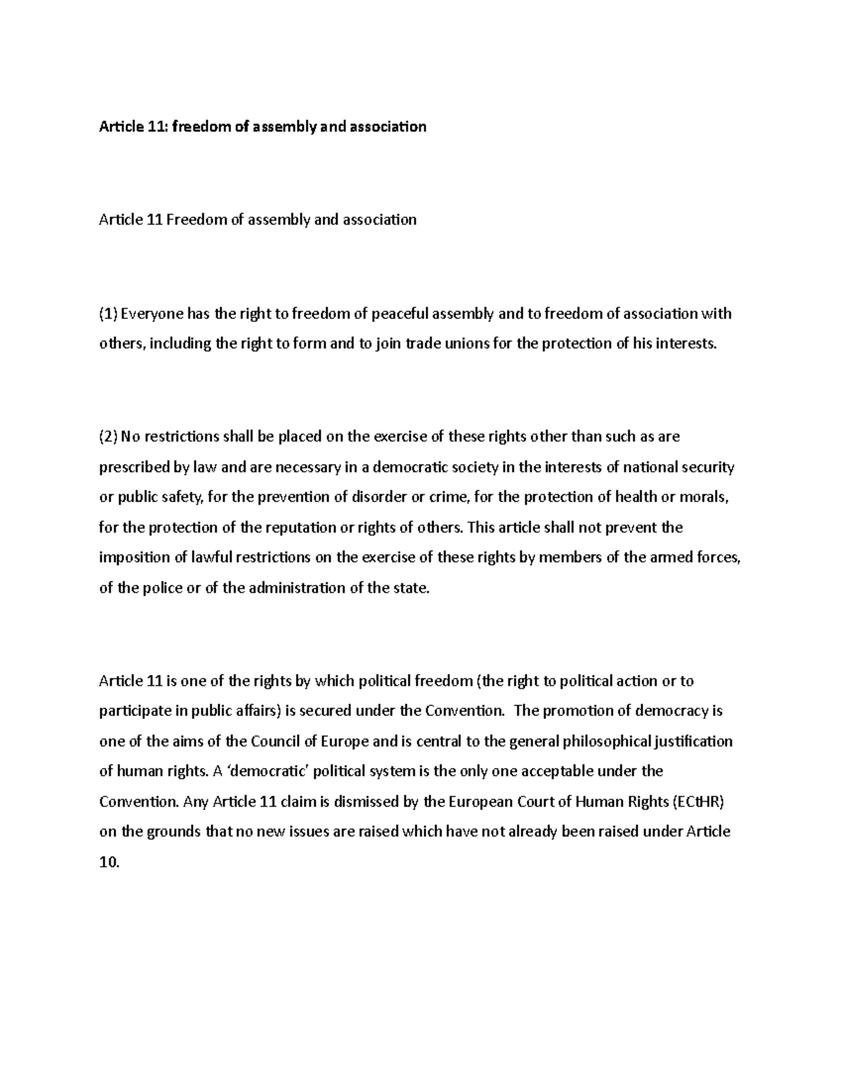 Article 11 Freedom of assembly and association - Article 11: freedom of ...