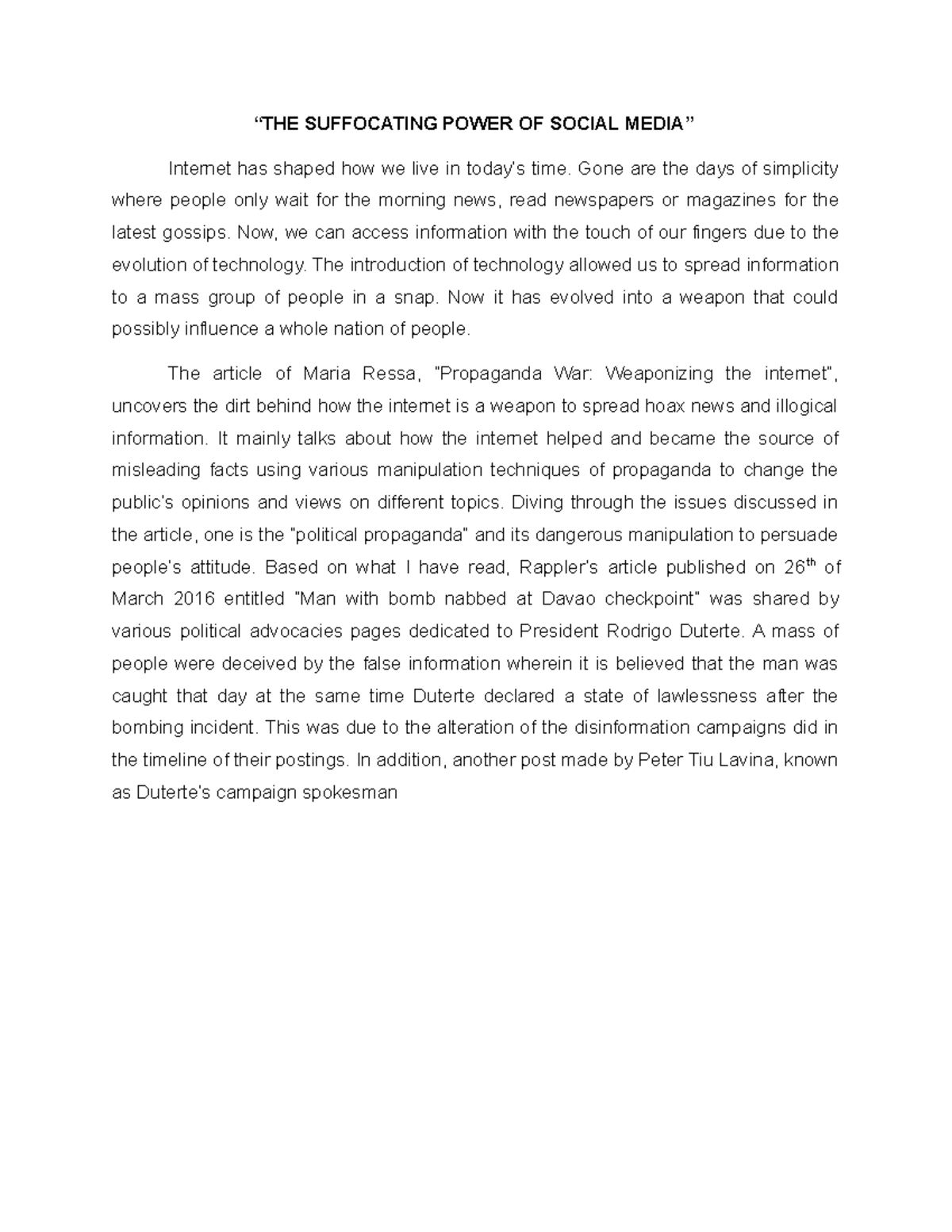 Propaganda War Reaction Paper - Copy - “THE SUFFOCATING POWER OF SOCIAL ...