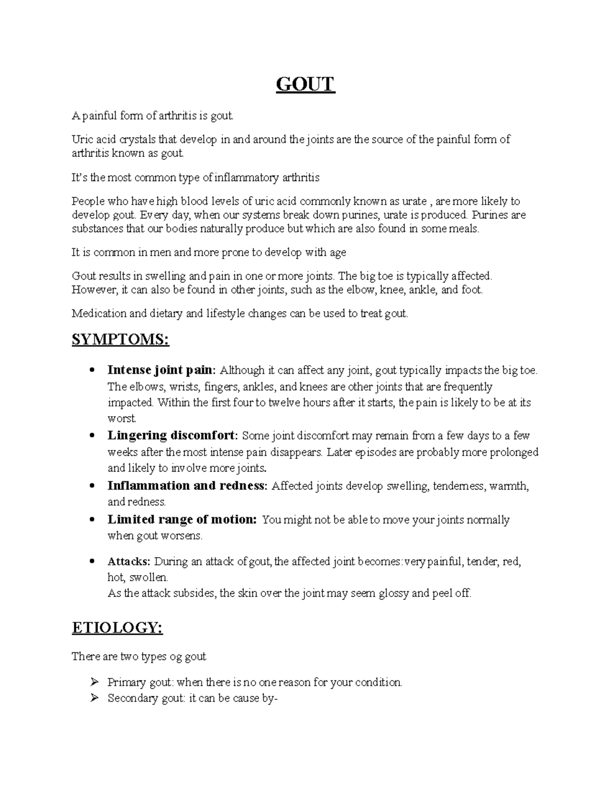 GOUT - a detailed note on management - GOUT A painful form of arthritis ...