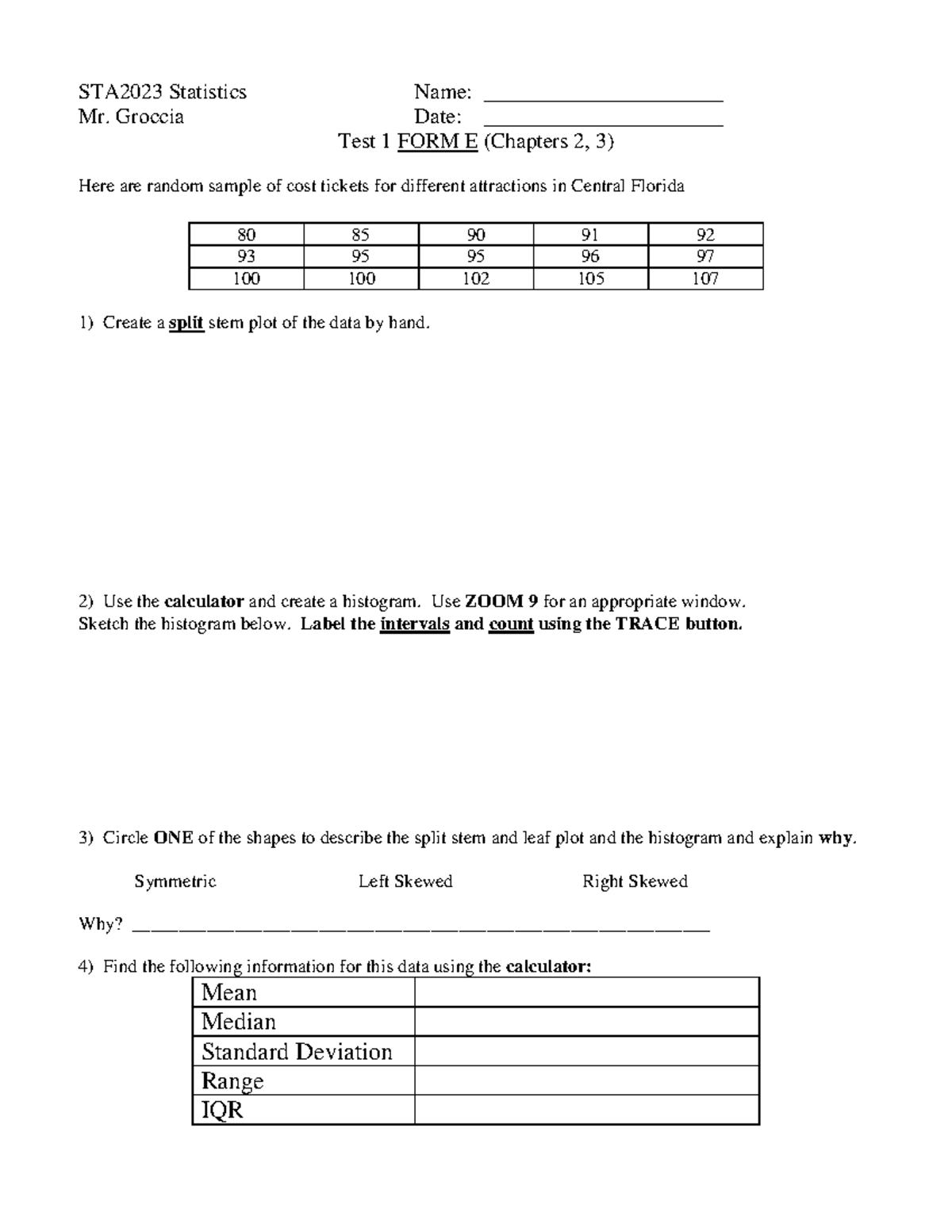 STA2023 Test 1 Form E 17 Questions - STA2023 Statistics Name ...