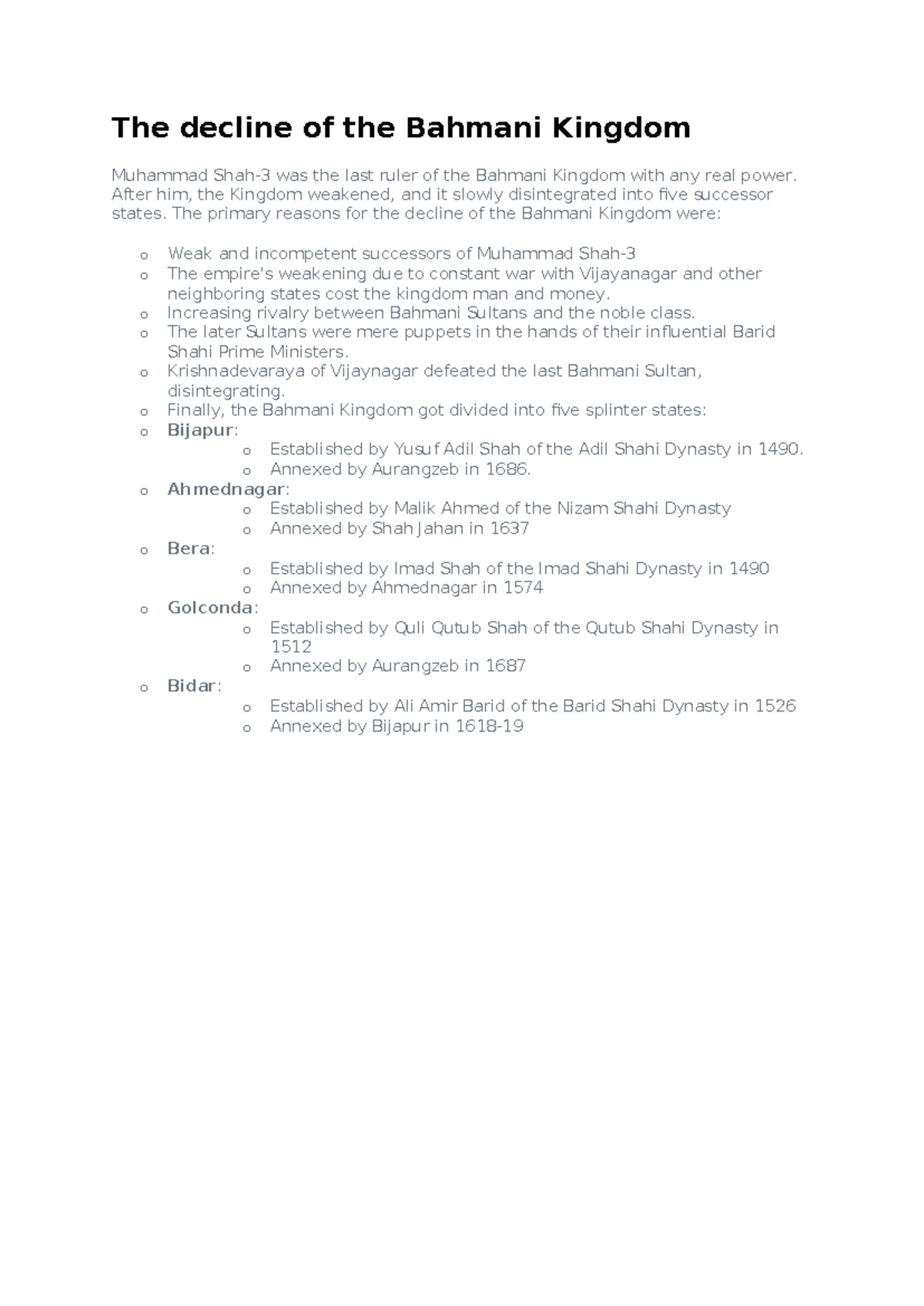 Decline of bahamani kingdom - The decline of the Bahmani Kingdom ...