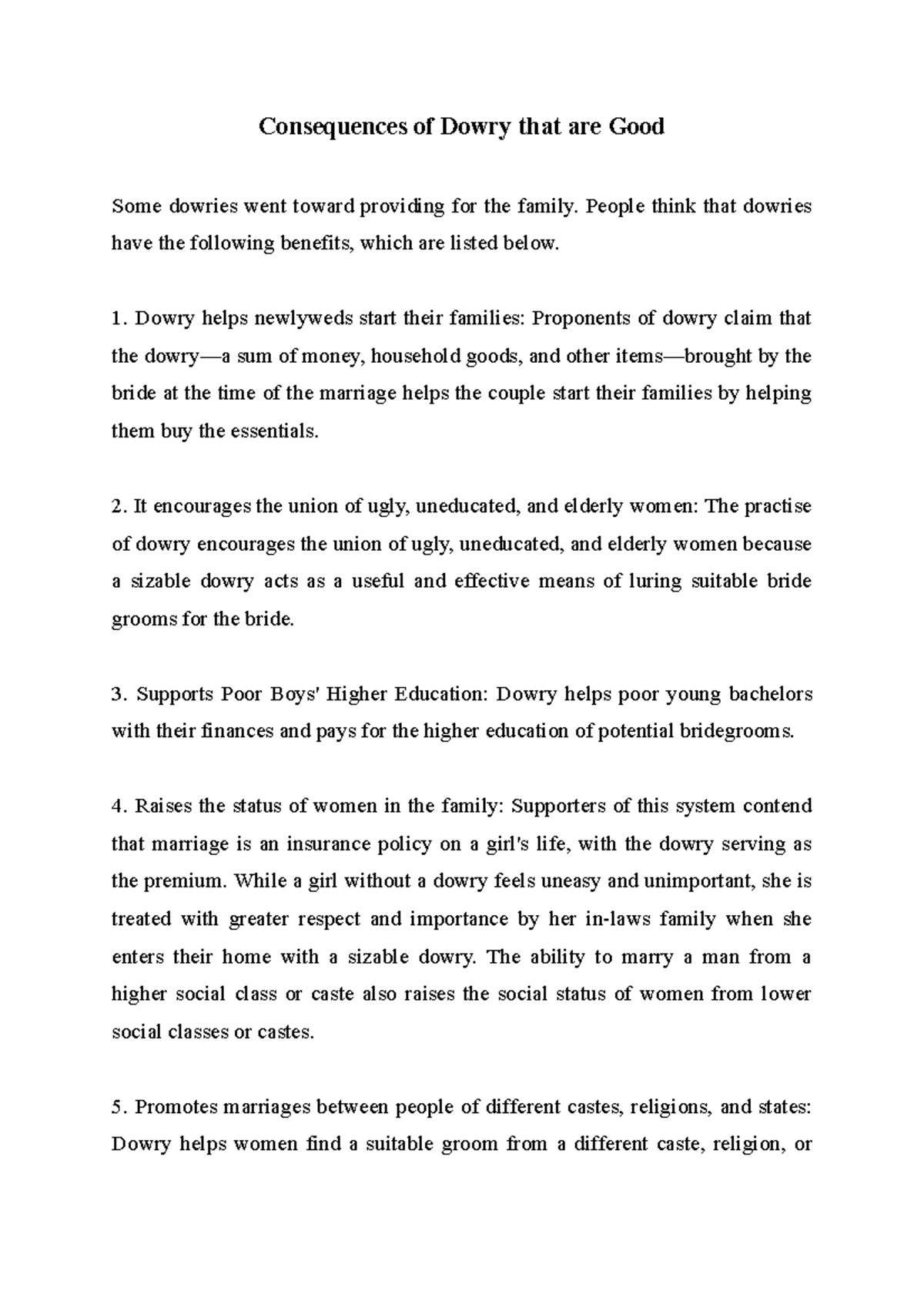 Consequences of Dowry that are Good - People think that dowries have ...