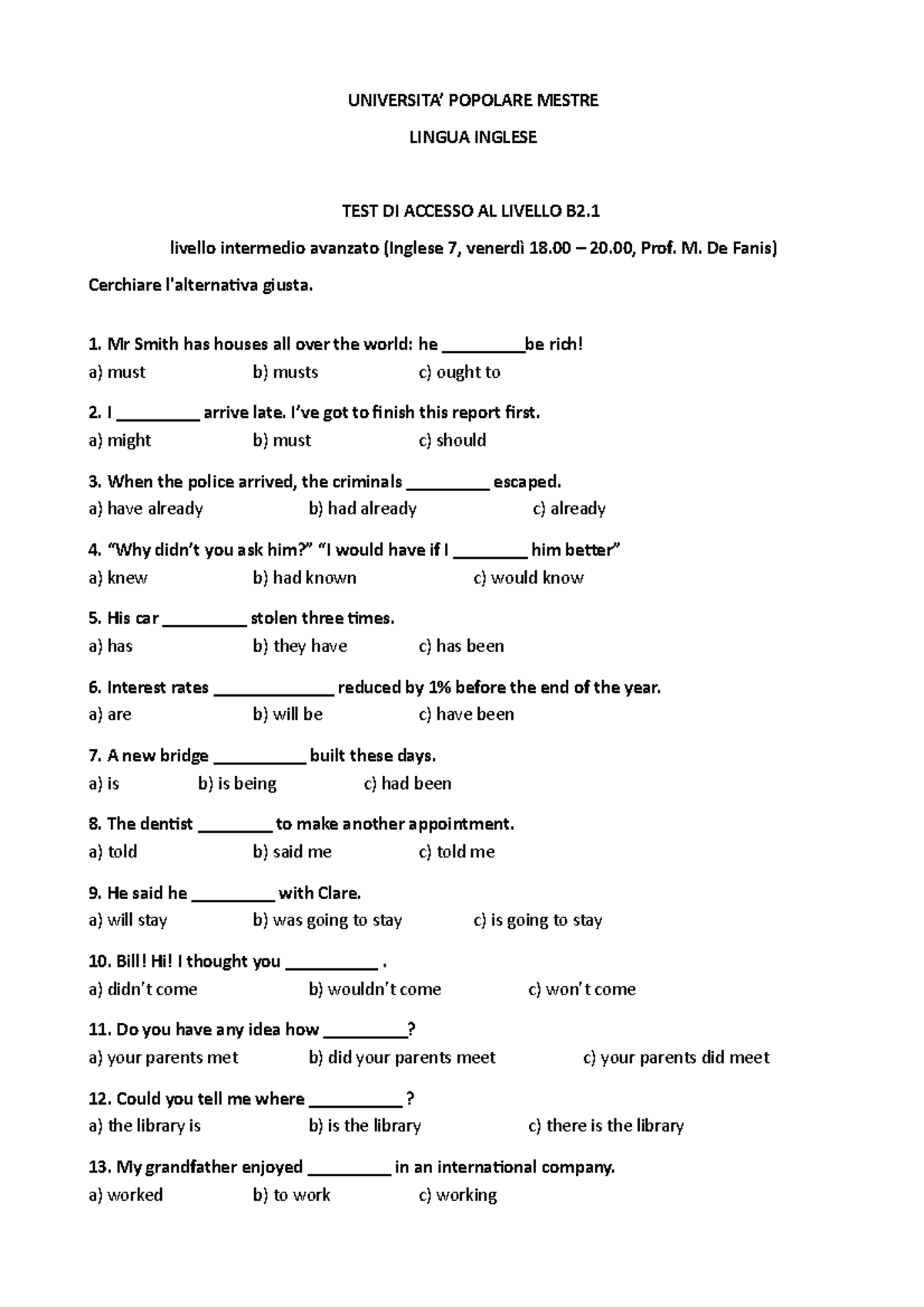 Test livello B2.18 - UNIVERSITA’ POPOLARE MESTRE LINGUA INGLESE TEST DI ...