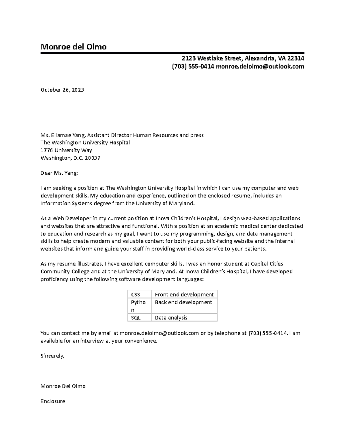 Word 2B Cover Letter - Monroe del Olmo 2123 Westlake Street, Alexandria ...