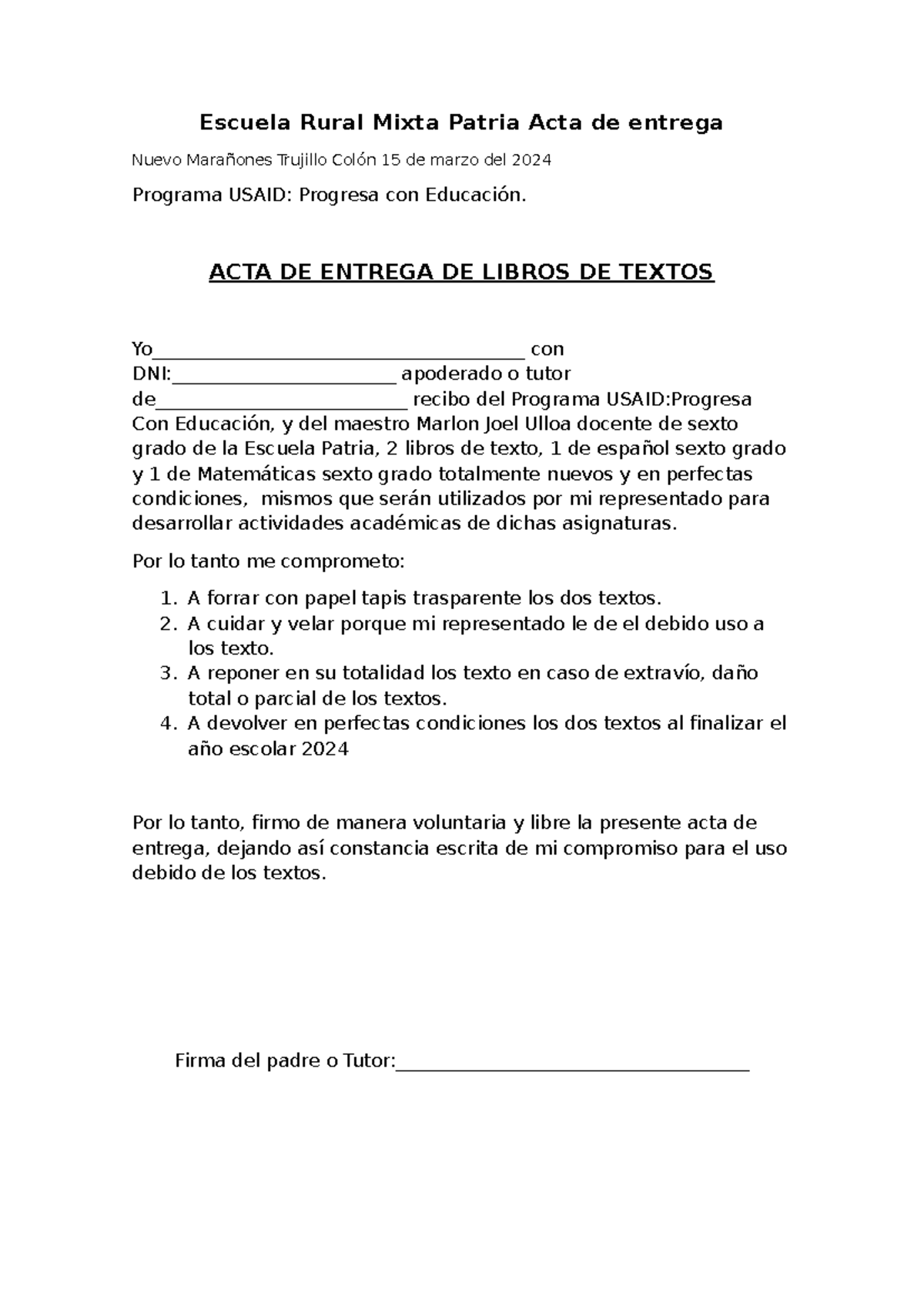 ACTA DE Entrega DE Libros - Escuela Rural Mixta Patria Acta de entrega ...