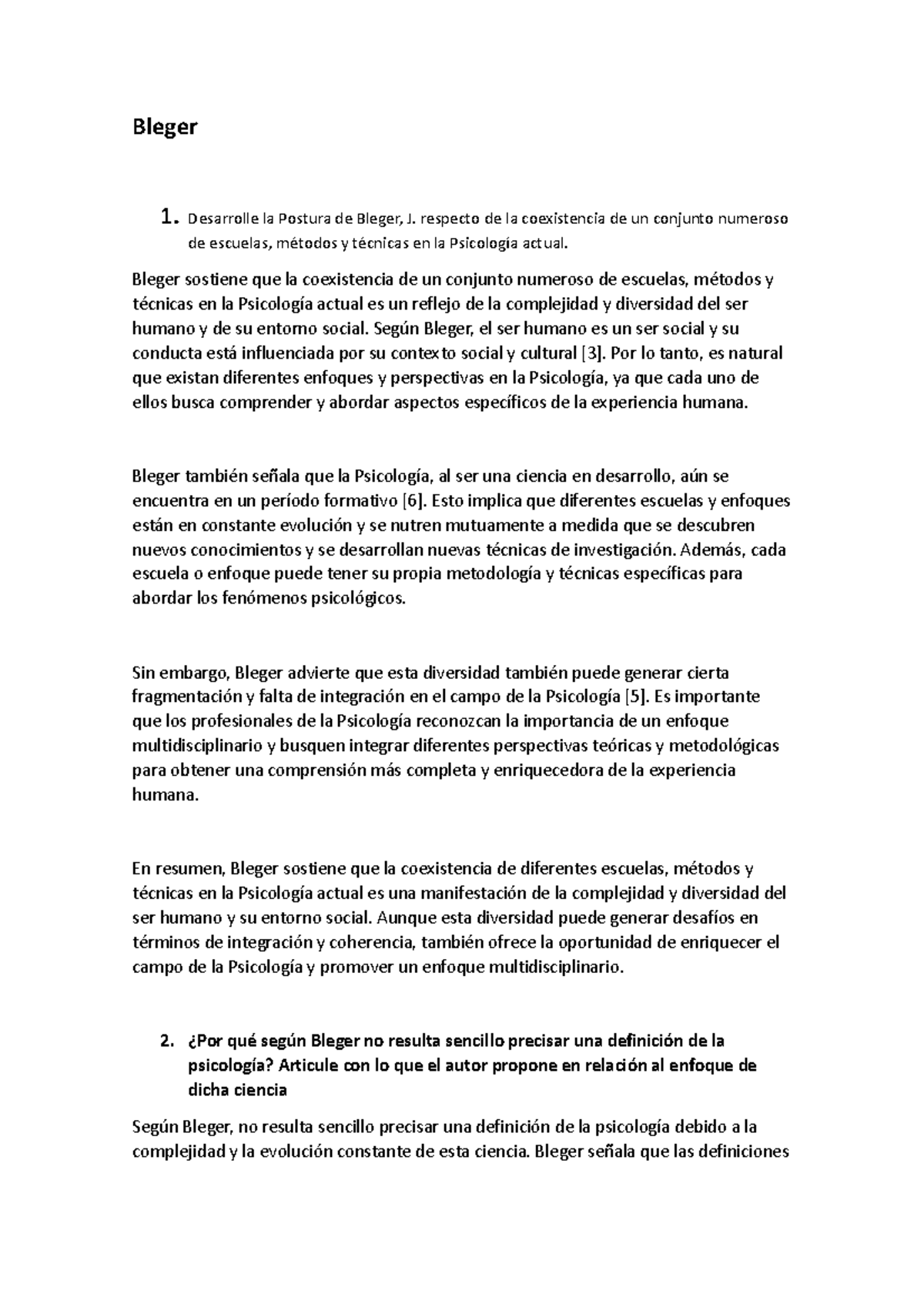 Bleger guia de lectura - Bleger 1. Desarrolle la Postura de Bleger, J ...