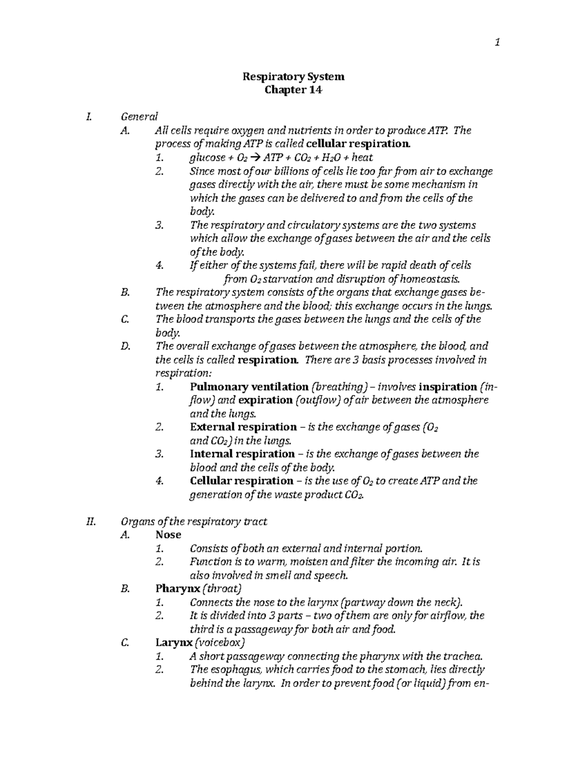 BIO101 Chpt 14 Respiratory - Respiratory System Chapter 14 I. General A ...