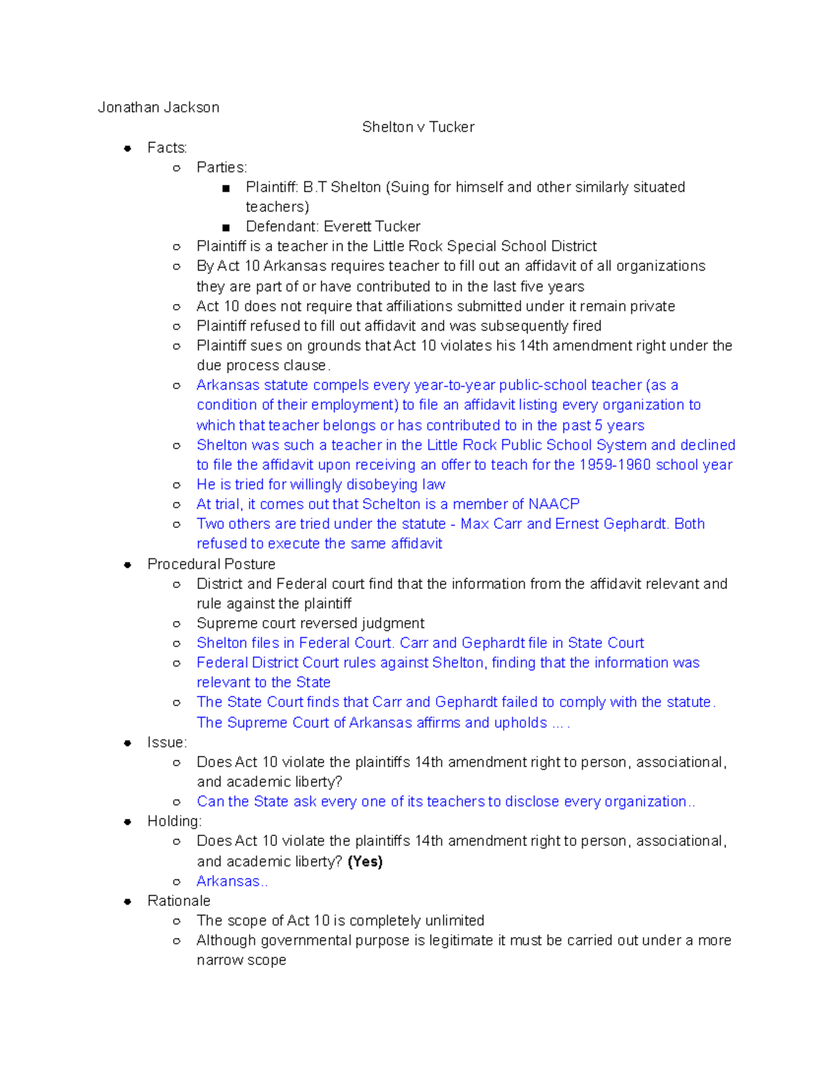Shelton v Tucker - Case Brief - Jonathan Jackson Shelton v Tucker Facts ...