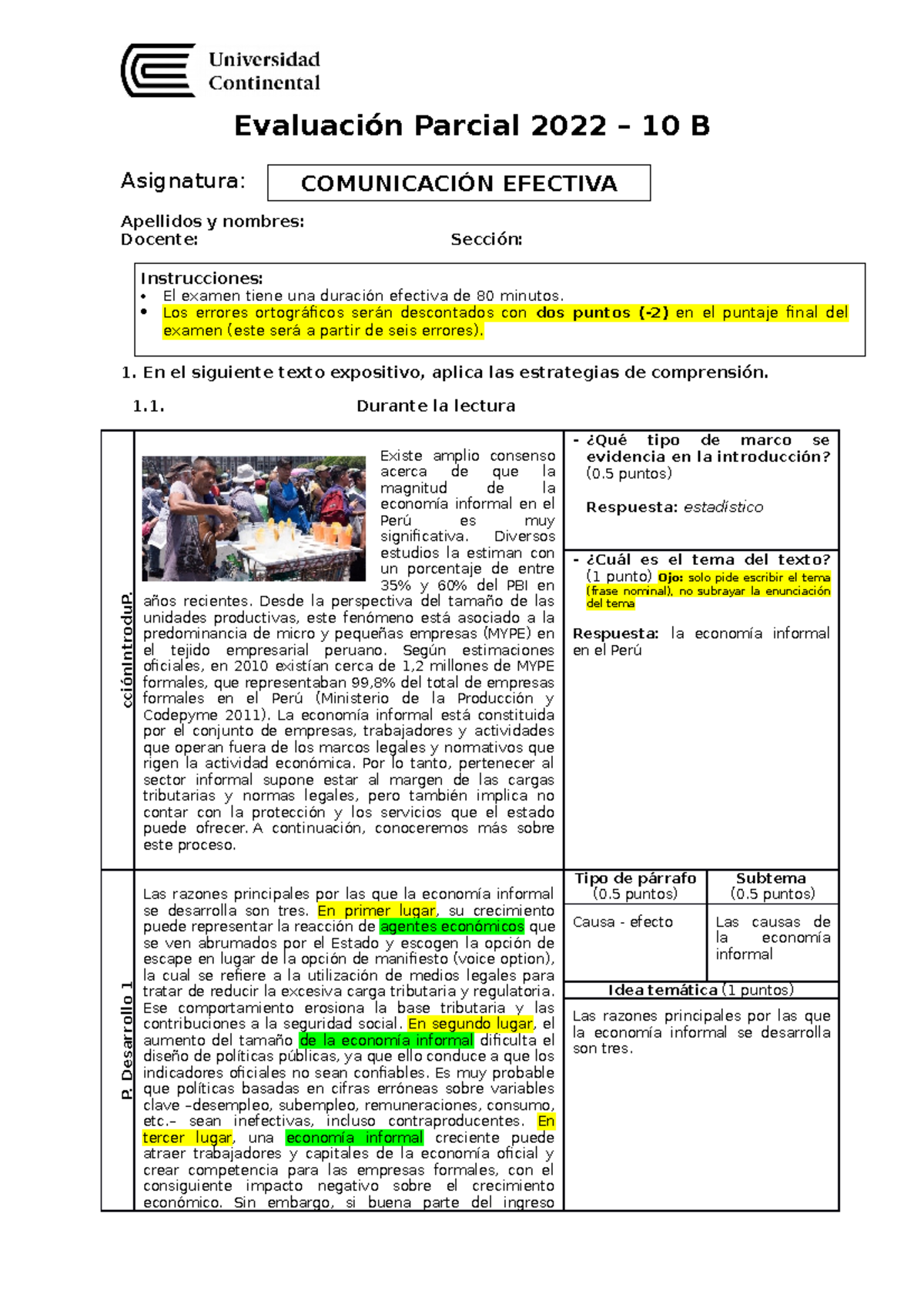 Evaluación Parcial obed - Evaluación Parcial 2022 – 10 B Asignatura: Apellidos y nombres ...