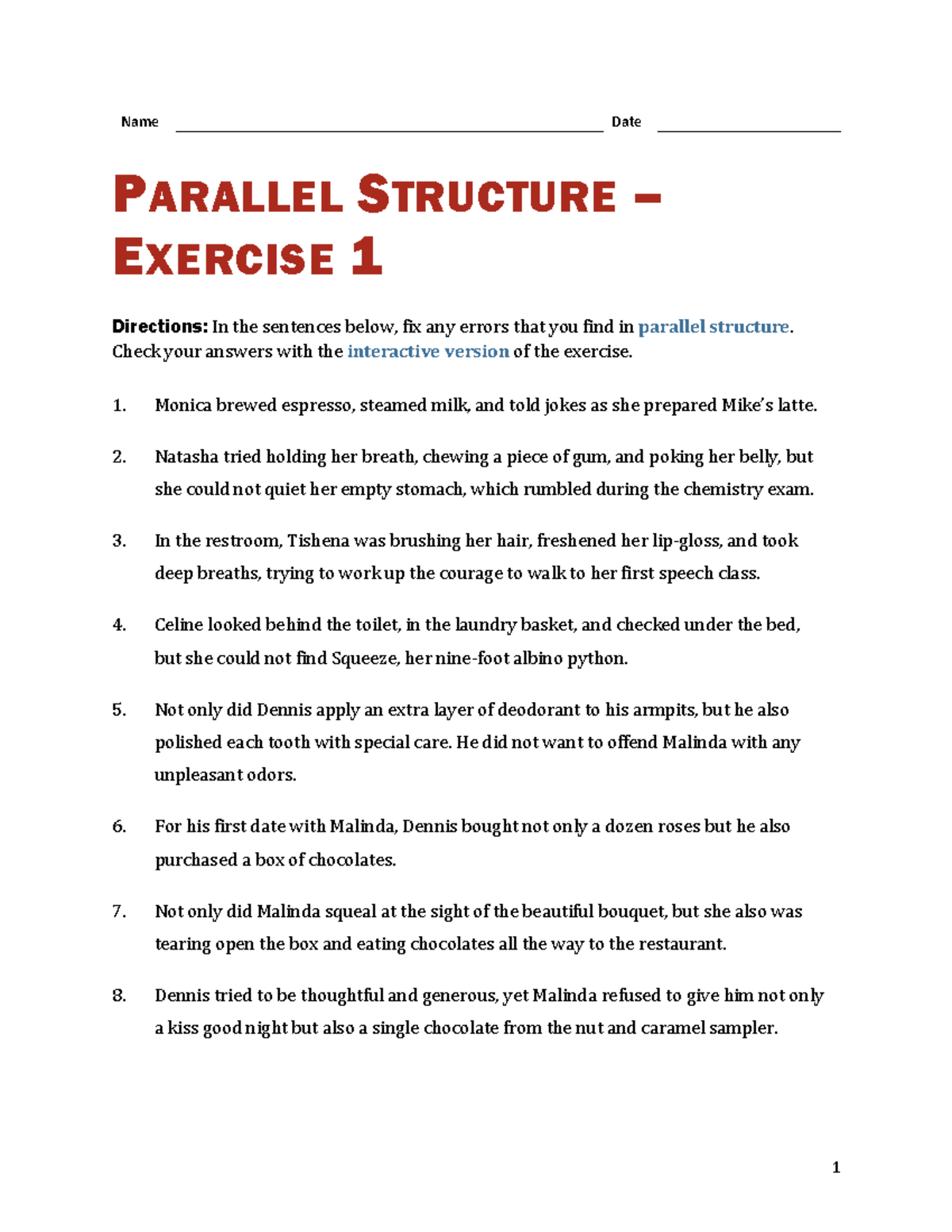 Grade 8 parallel structure 01 - 1 Name Date PARALLEL STRUCTURE ...