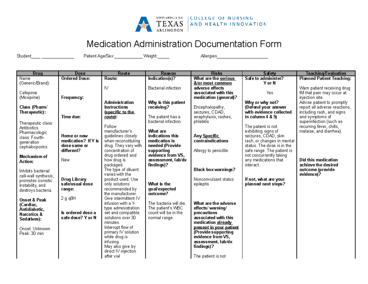 Cefepime Medication Sheet - Medication Administration Documentation Form Student ...