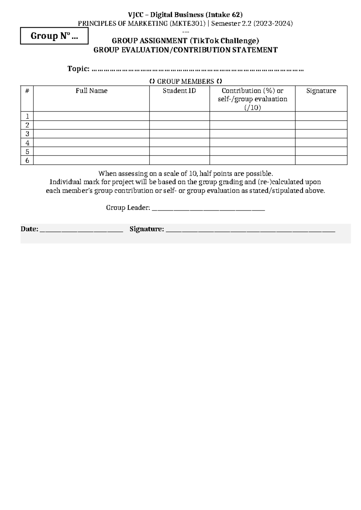 Group Evaluation Form K62DB - VJCC – Digital Business (Intake 62) PRINCIPLES OF MARKETING ...