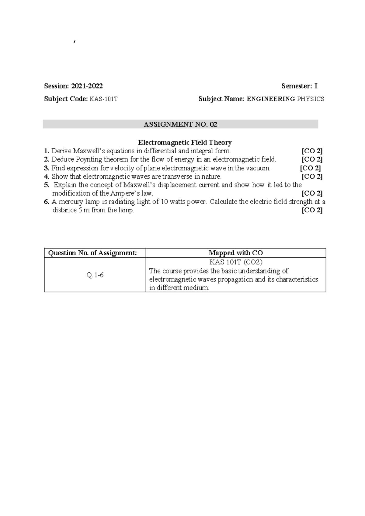Unit 2 Engg - Assignment For Engg. Physics - , Session: 2021-2022 Semester: I Subject Code: KAS ...