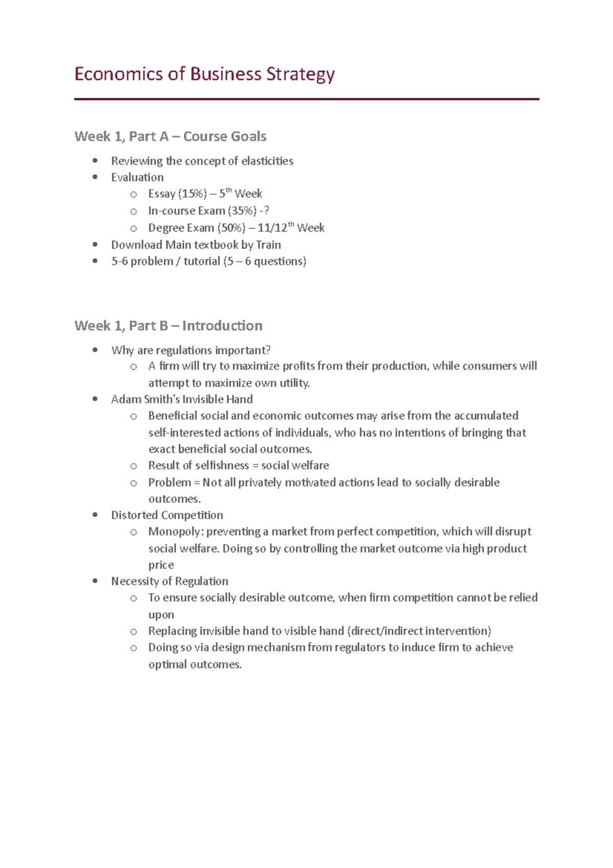 Econ Strategy - Notes 1 - Introduction, and Optimality such as First ...