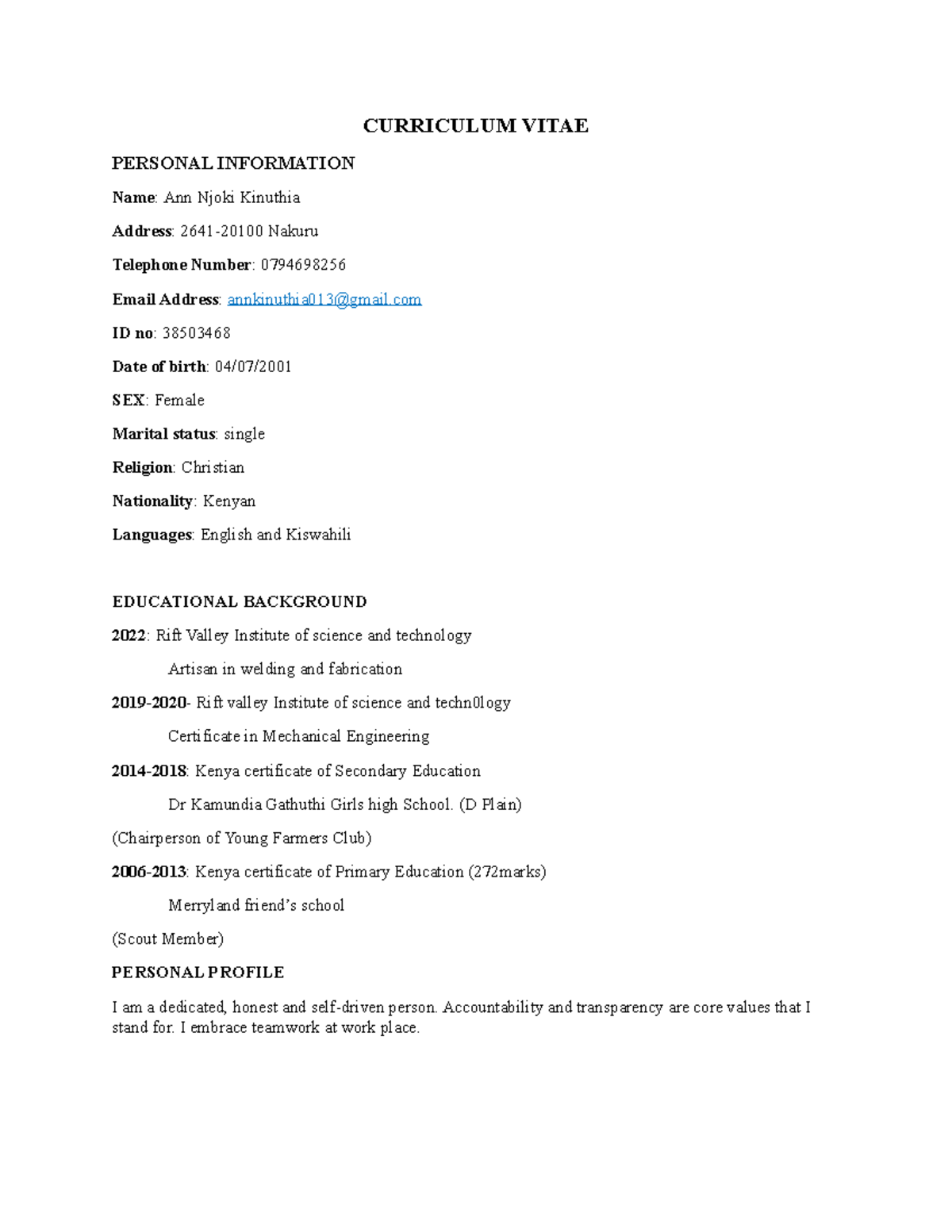 Ann CV 2 - NOTES - CURRICULUM VITAE PERSONAL INFORMATION Name: Ann ...