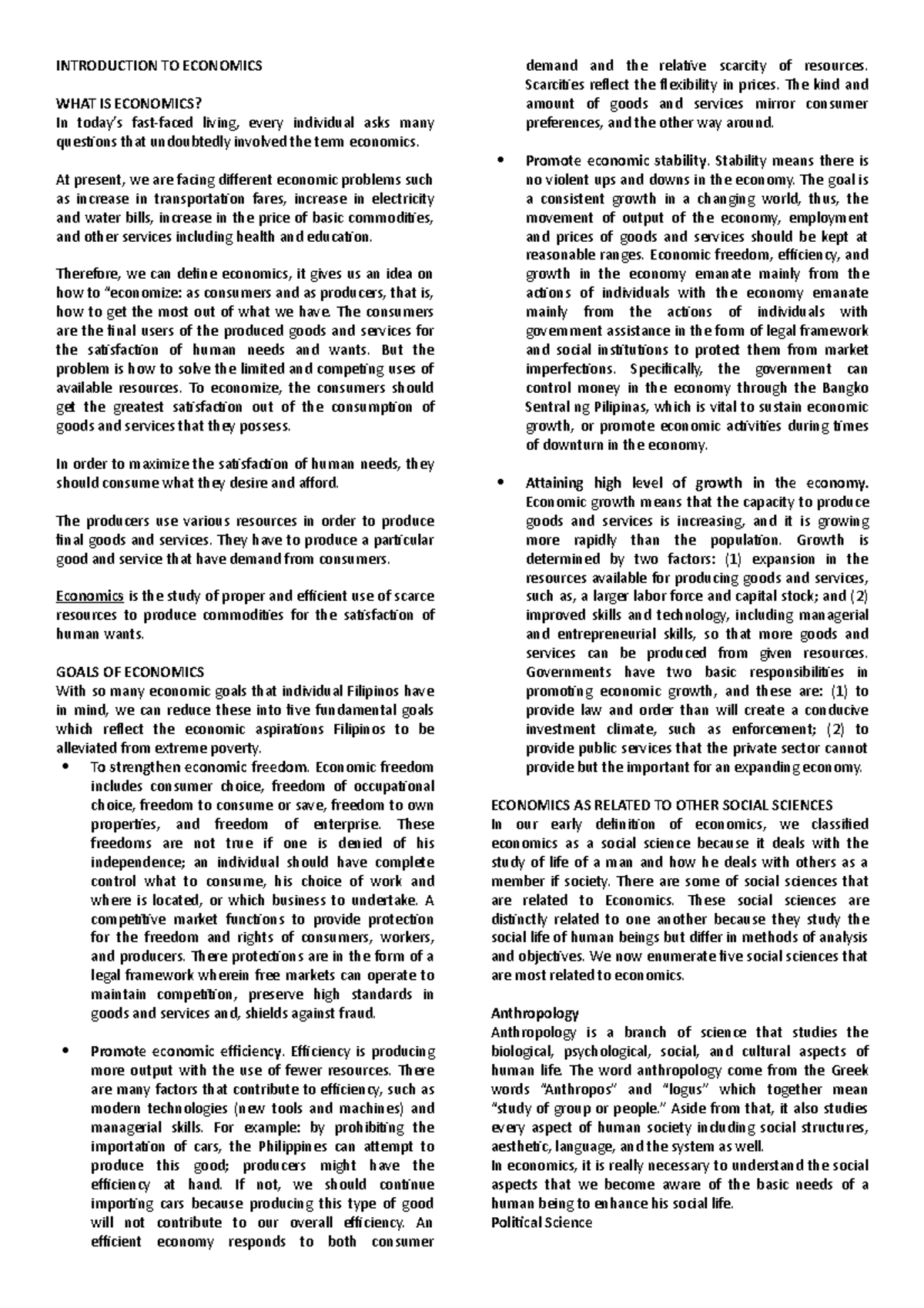 Introduction TO Economics - INTRODUCTION TO ECONOMICS WHAT IS ECONOMICS ...