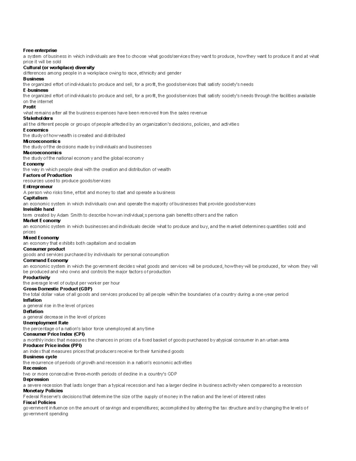 Vocabulary notes - part 1 - Free enterprise a system of business in ...